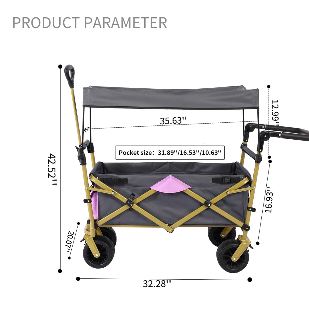 Yone jx je Collapsible Canopy Wagon - Heavy Duty Utility Outdoor Garden Cart, Push & Pull Utility Folding Wagon with Removable Canopy for Shopping, Picnic, Camping, Sports