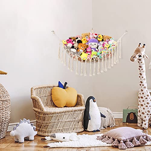 Vorey Stuffed Animal Storage Macrame Stuffed Animal Net or Hammock Toy Hammock Stuffed Animal Holder Hanging Stuffed Animal Organizer Plushie Net for Stuffed Animals Corner, Beige