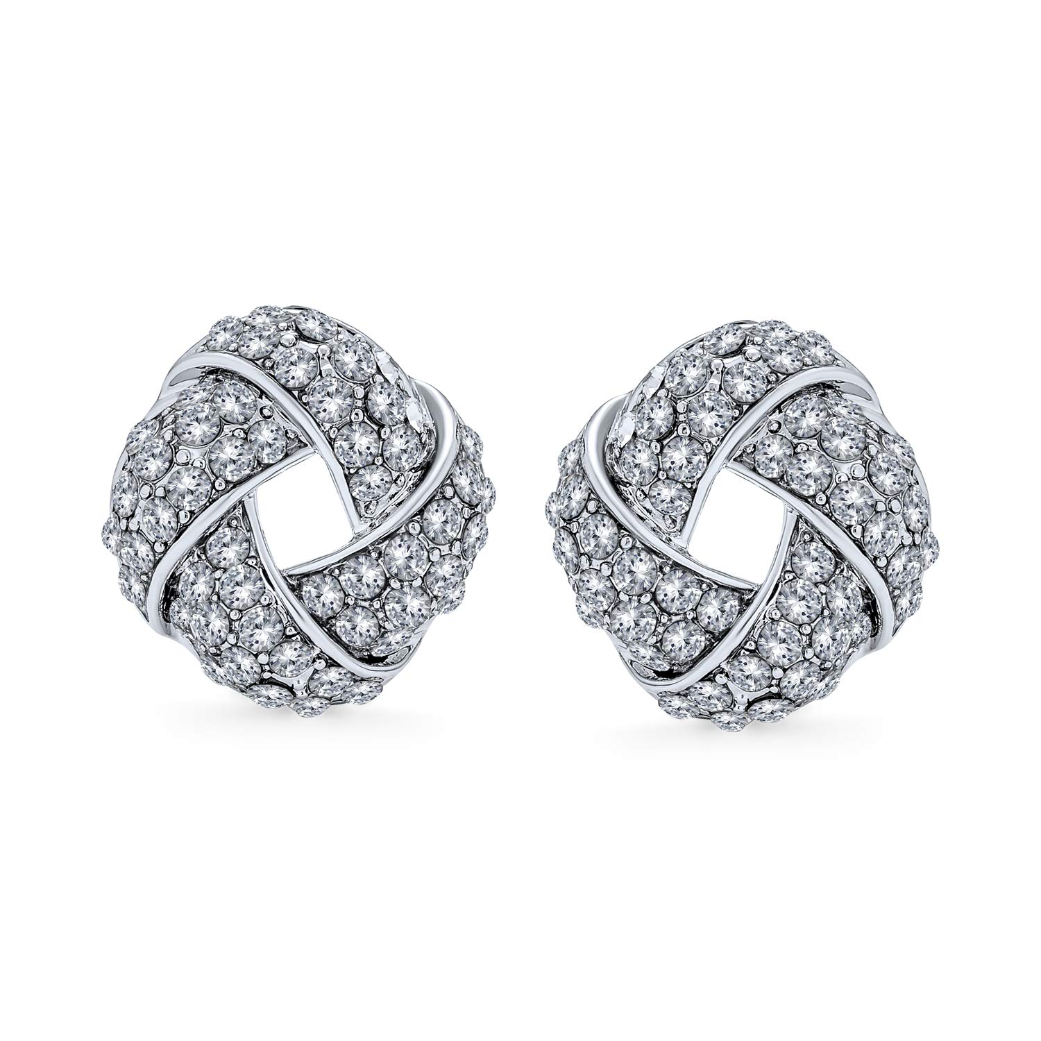 Woven White Clear Crystal Love Knot Work Clip On Earrings For Women Non Pierced Ears Silver Plated Brass