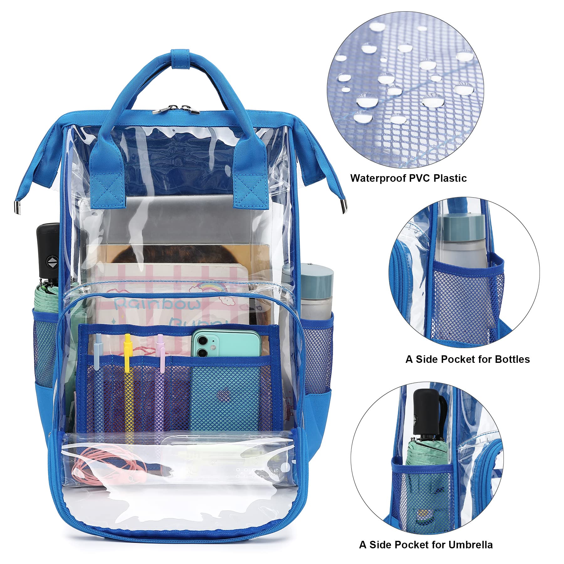 Yusudan Heavy Duty Clear Backpack for Men Women, School Bag Bookbag PVC Plastic Transparent Backpacks for Boys Girls (Blue)