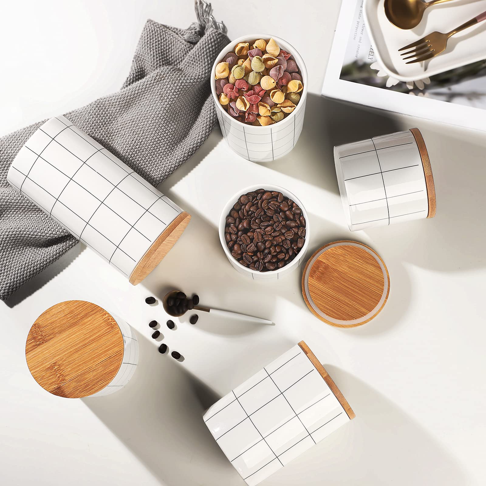 WELLCHE Kitchen Canisters Sets for Kitchen Counter Set of 6, Flour and Sugar Containers, Ceramic Canister Set Food Storage Jars with Airtight Bamboo Lid for Serving Ground Coffee, Tea, Sugar, Grain