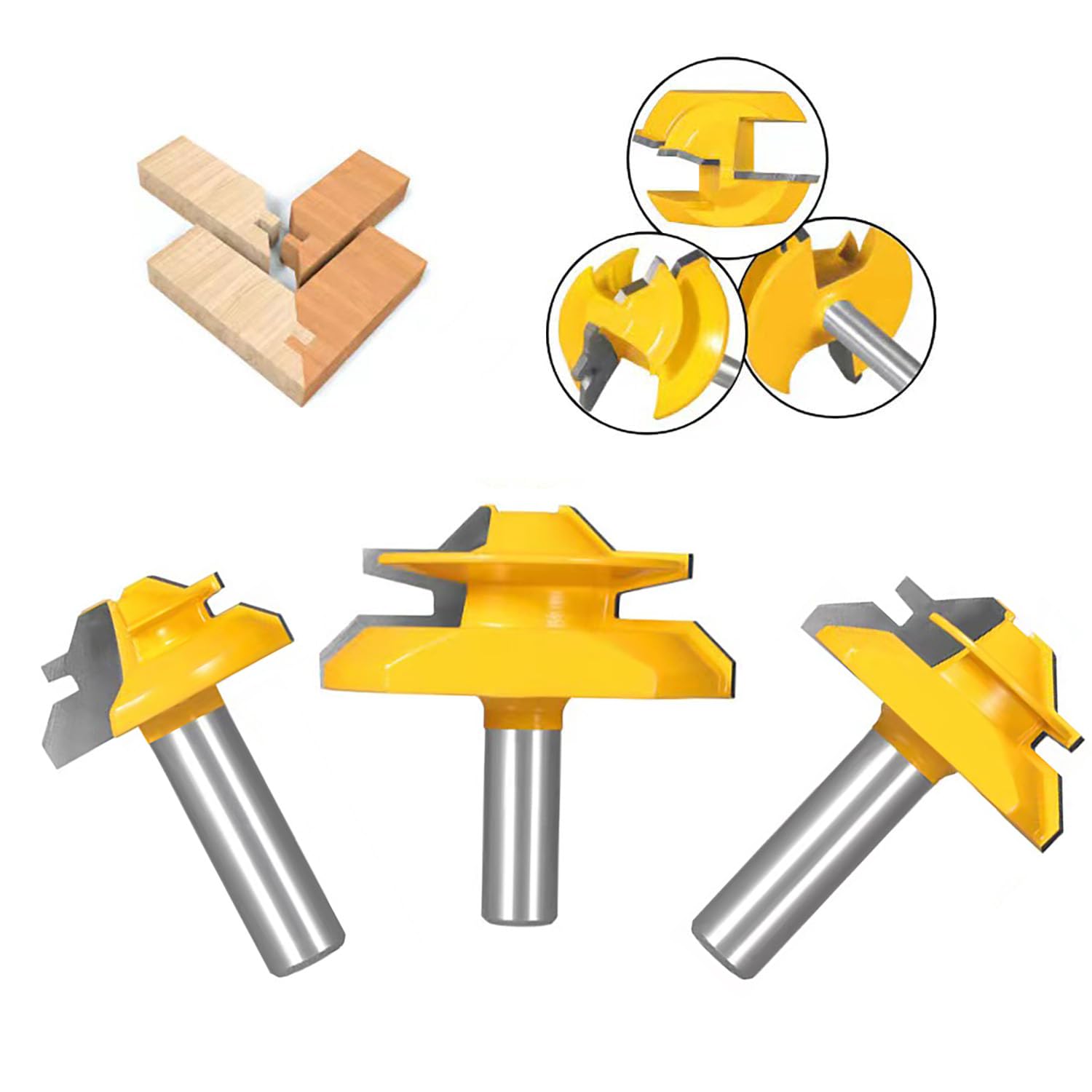 TOTOWOOD 45 Degree Lock Miter Router Bit 3-Piece Set, for 31/64", 3/4",1",Cutting Height, 1/2 Inch Shank.Woodworking Tools Joint Router Bits 3PCS 1/2 Shank)
