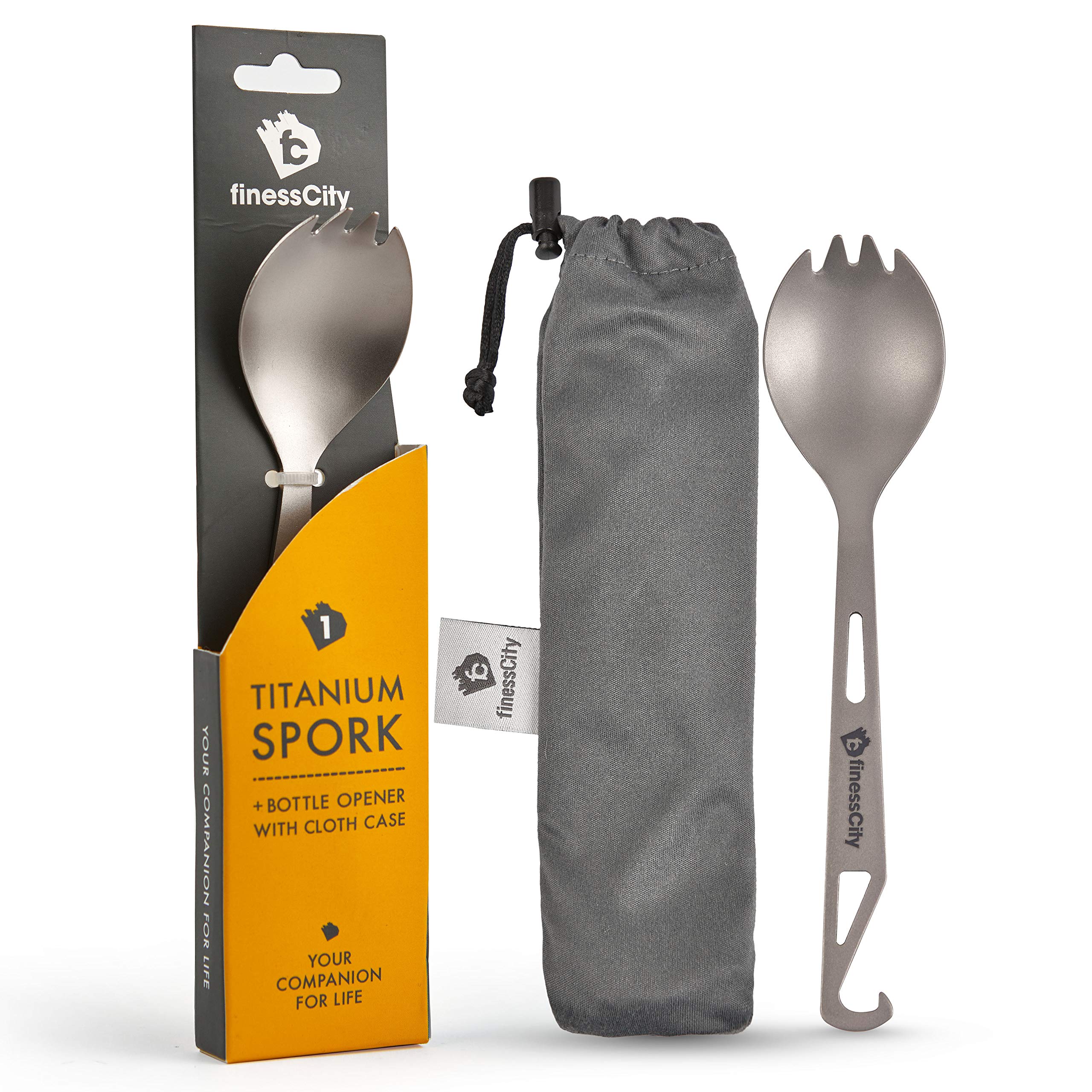Spork 1 Unit, Titanium Spork (Spoon Fork) With Bottle Opener Extra Strong Ultra Lightweight (Ti), Healthy & Eco-Friendly Spoon, Fork & Bottle Opener for Travel/Camping in Easy to Store Cloth Case