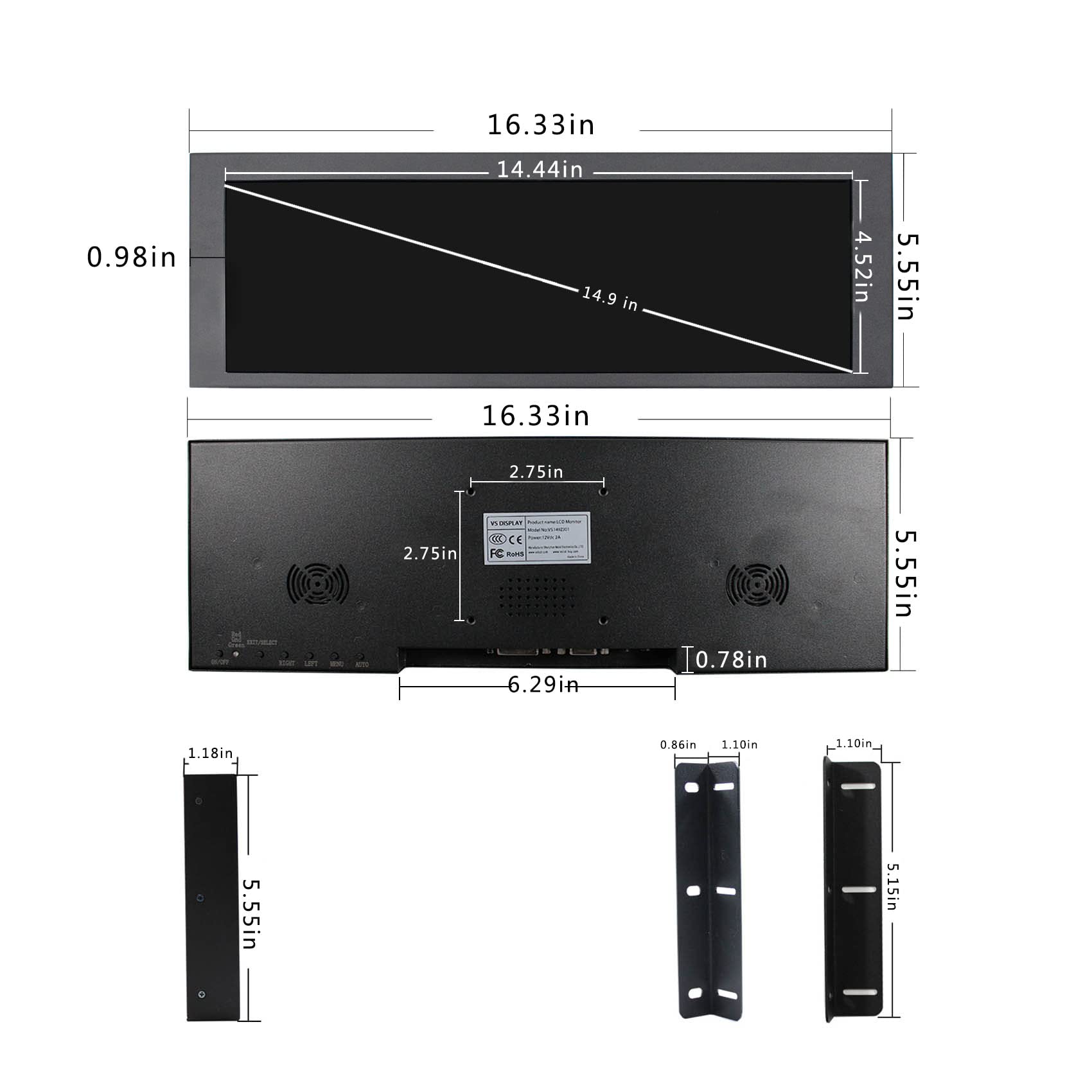 VSDISPLAY 14.9inch 1280x390 LCD Monitor VS149ZJ01,which with Screen LTA149B780F and HD-MI DVI VGA Input Controller Board M.NT68676.2A, as a bar Display Monitor/Advertising Screen Monitor