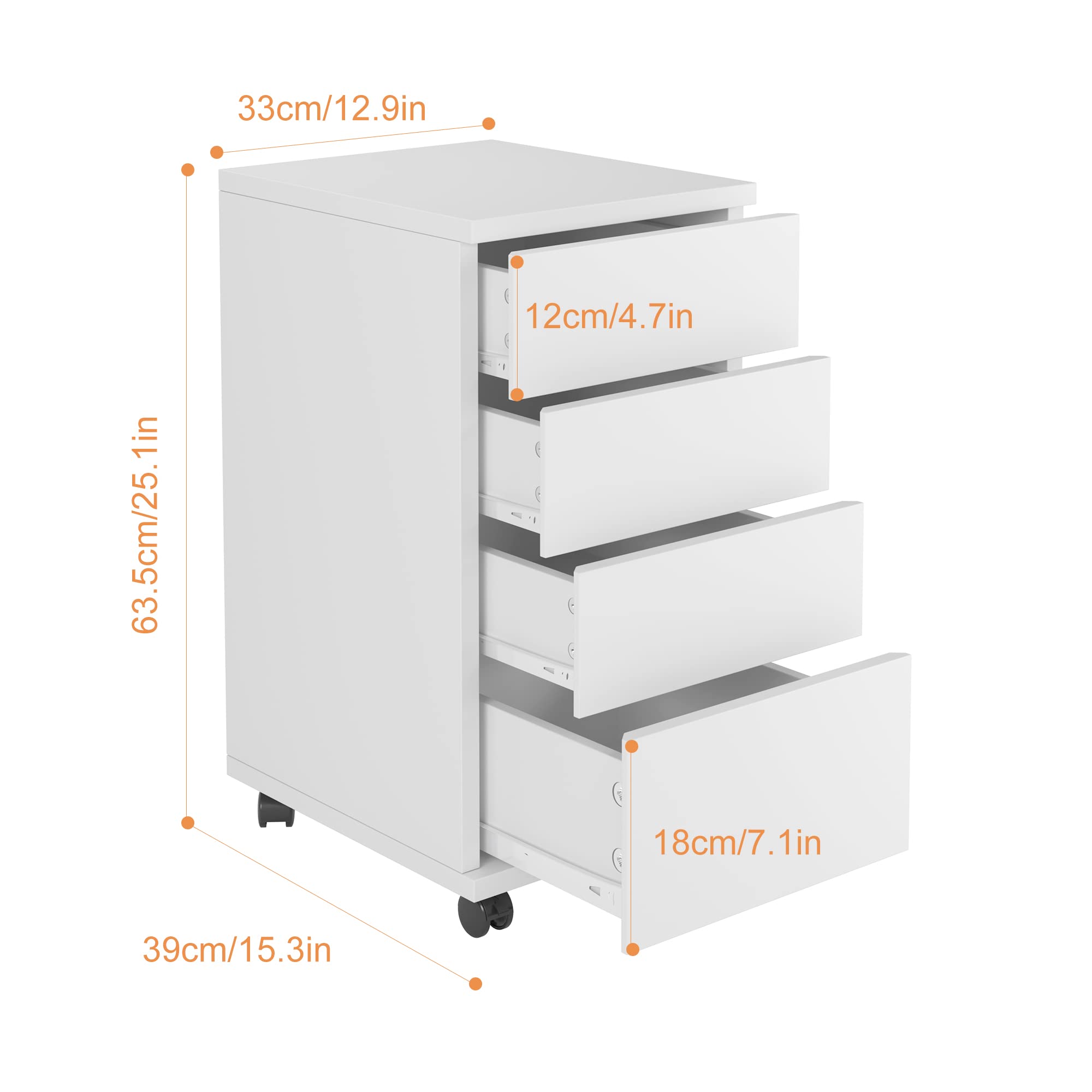 TTVIEW File Cabinet, Mobile Filing Cabinet with Wheels, 4-Drawer Rolling Pedestal Under Desk for A4, Letter Size, File Folders White 12.9x15.3X 25 in