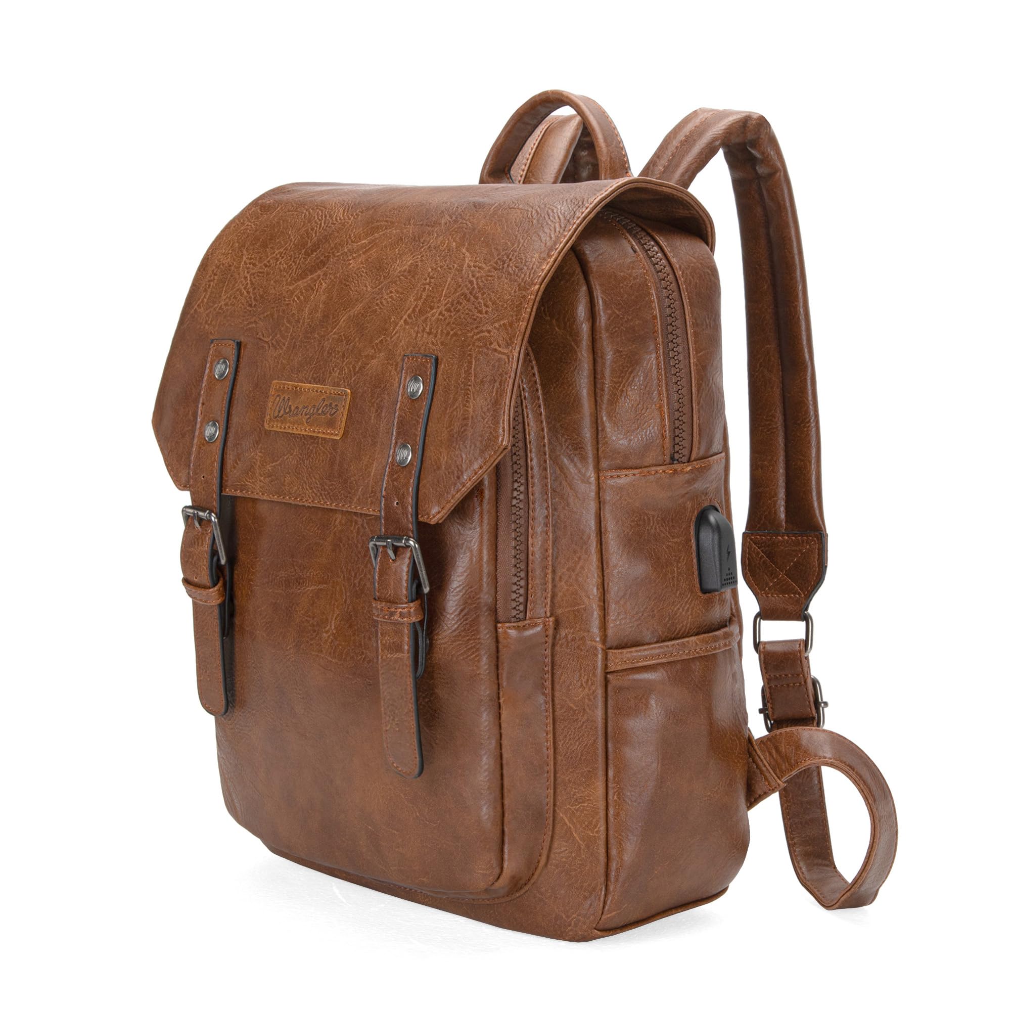 Wrangler PU Leather Backpack for Women & Men Business Travel Backpack College Vintage Laptop Brown Backpack with Charger