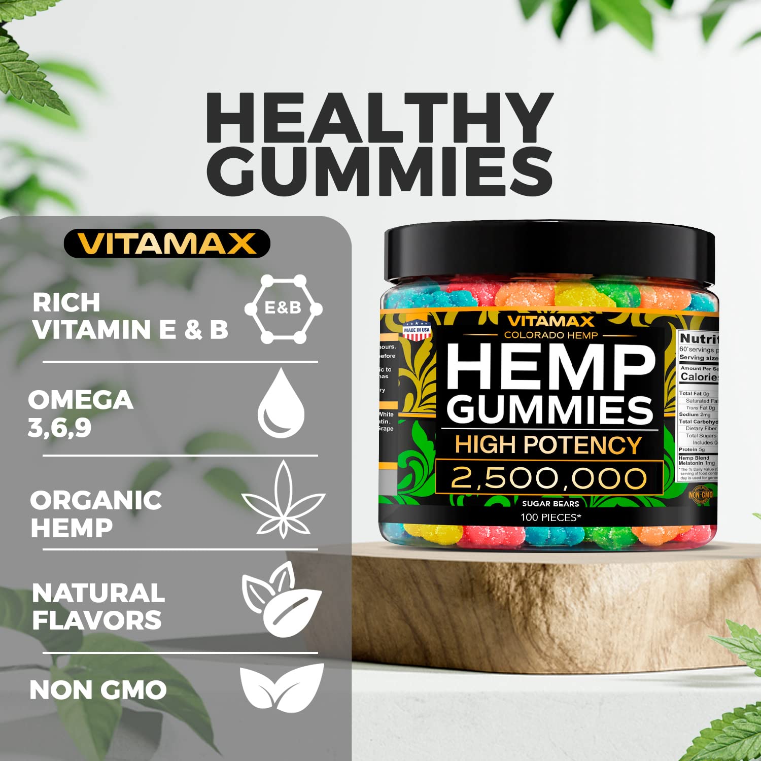 Vitamax Natural Hemp Gummies - Sugar Bears - Helps Support Rest & Relaxation - Assorted Natural Sweet Fruit Flavors - Made in USA - Calming Gummies - 100ct
