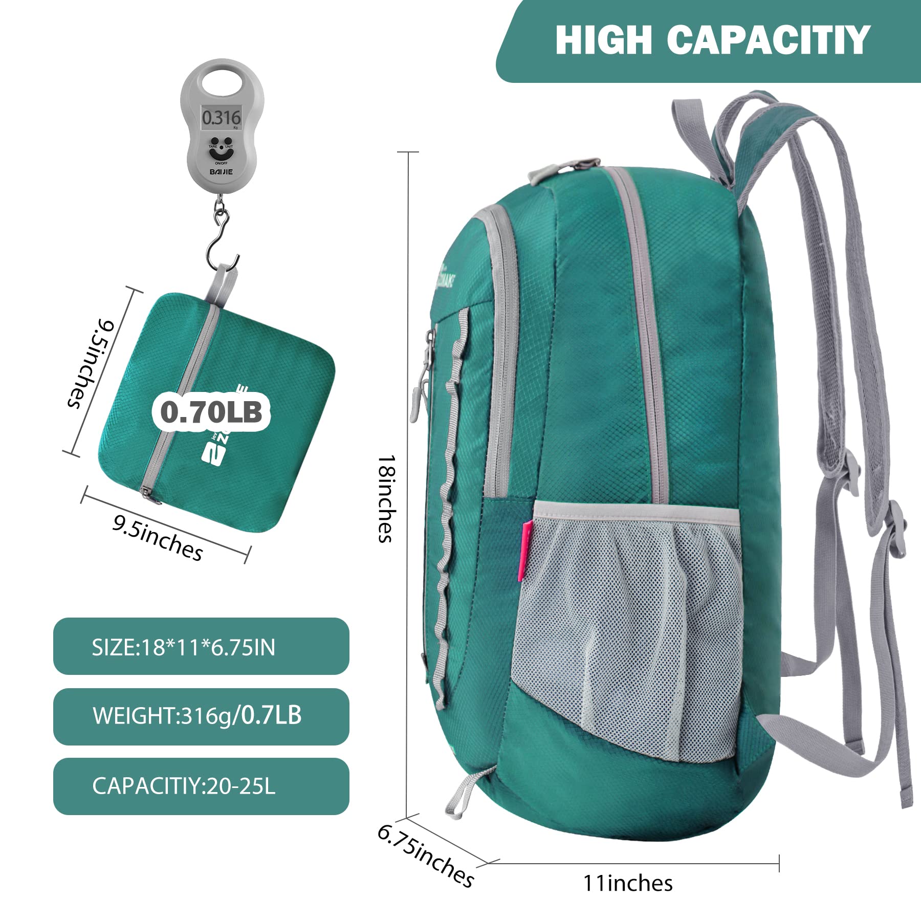 ZOMAKE Packable Hiking Backpack Water Resistant:32L Lightweight Foldable Backpacks - Small Packable Back Pack for Travel Camping Hiking Women Men (Olive green)