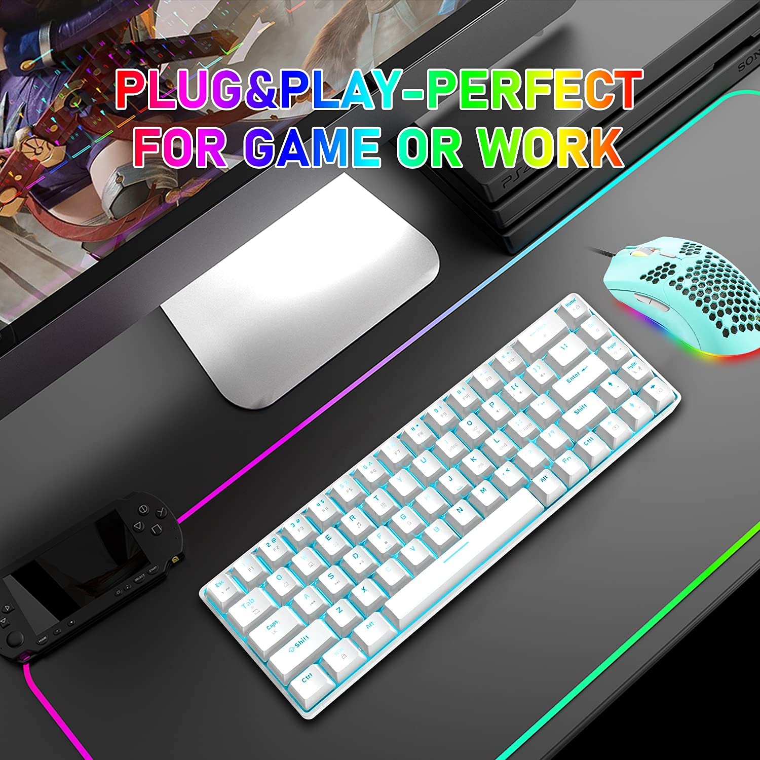 XINMENG 60% Wired Mechanical Gaming Keyboard and Mouse Combo, RGB Backlit 68 Keys Tenkeyless Ultra-Compact Mini Keyboard, 6400DPI Honeycomb Mouse, Anti-ghosting,Type-C Cable for Computer Mac Gamer