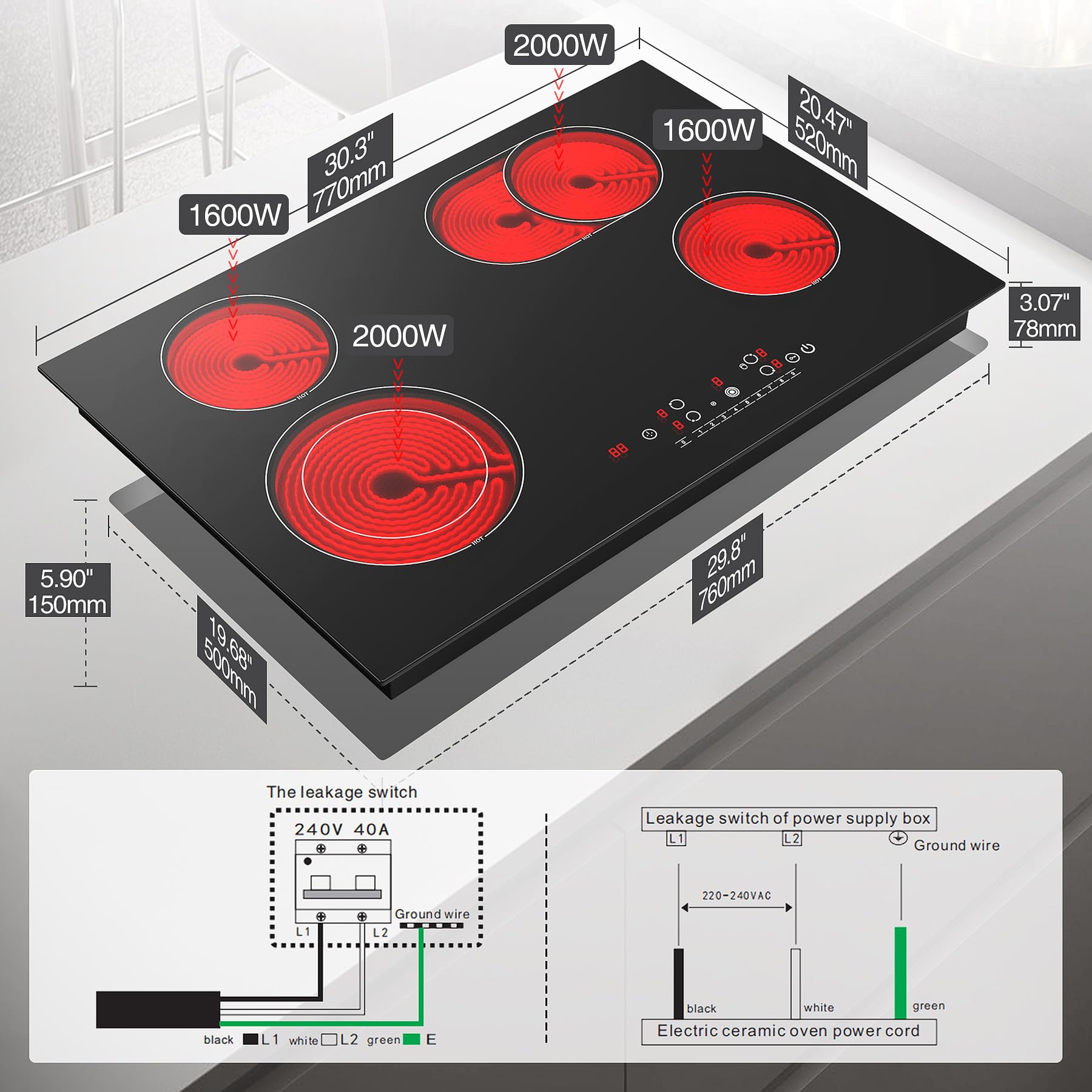 VBGK Electric cooktop 30 inch,240V 7200W Electric Stove 4 burner,Built-in and Countertop Electric Stove Top, LED Touch Screen,9 Heating Level, Timer & Kid Safety Lock, Touch Control