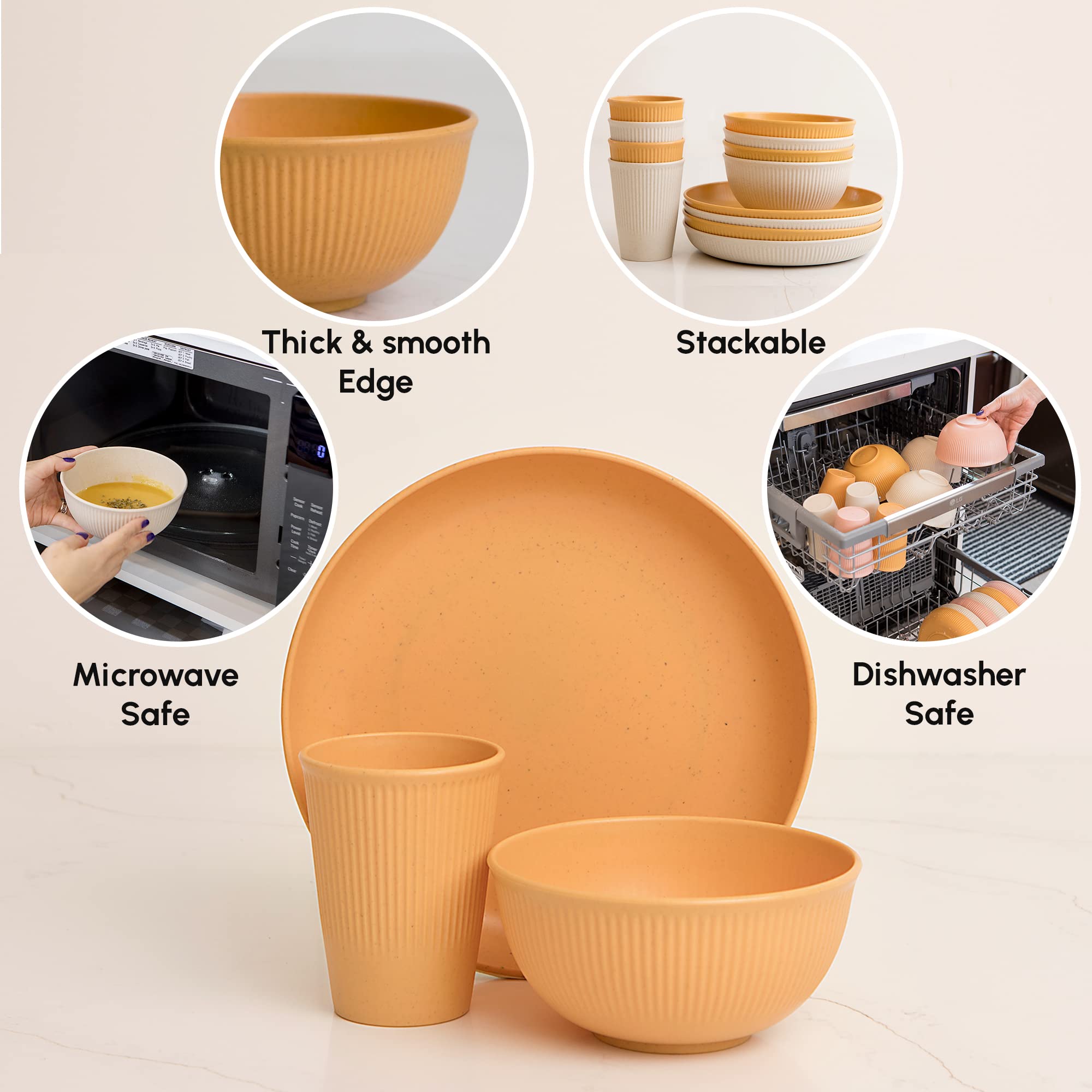 Wheat Straw Dinnerware Sets - Yellow Dinnerware Set w/Wheat Straw Plates, Bowls & Utensils β Safe for Microwave & Dishwasher, Set of 4