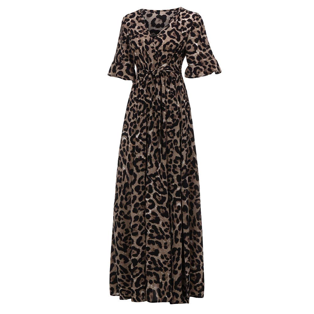 Women Leopard Maxi Dress Plus Size Wrap Deep V Neck Long Dress High Waisted Belt Ruffle Swing Dress