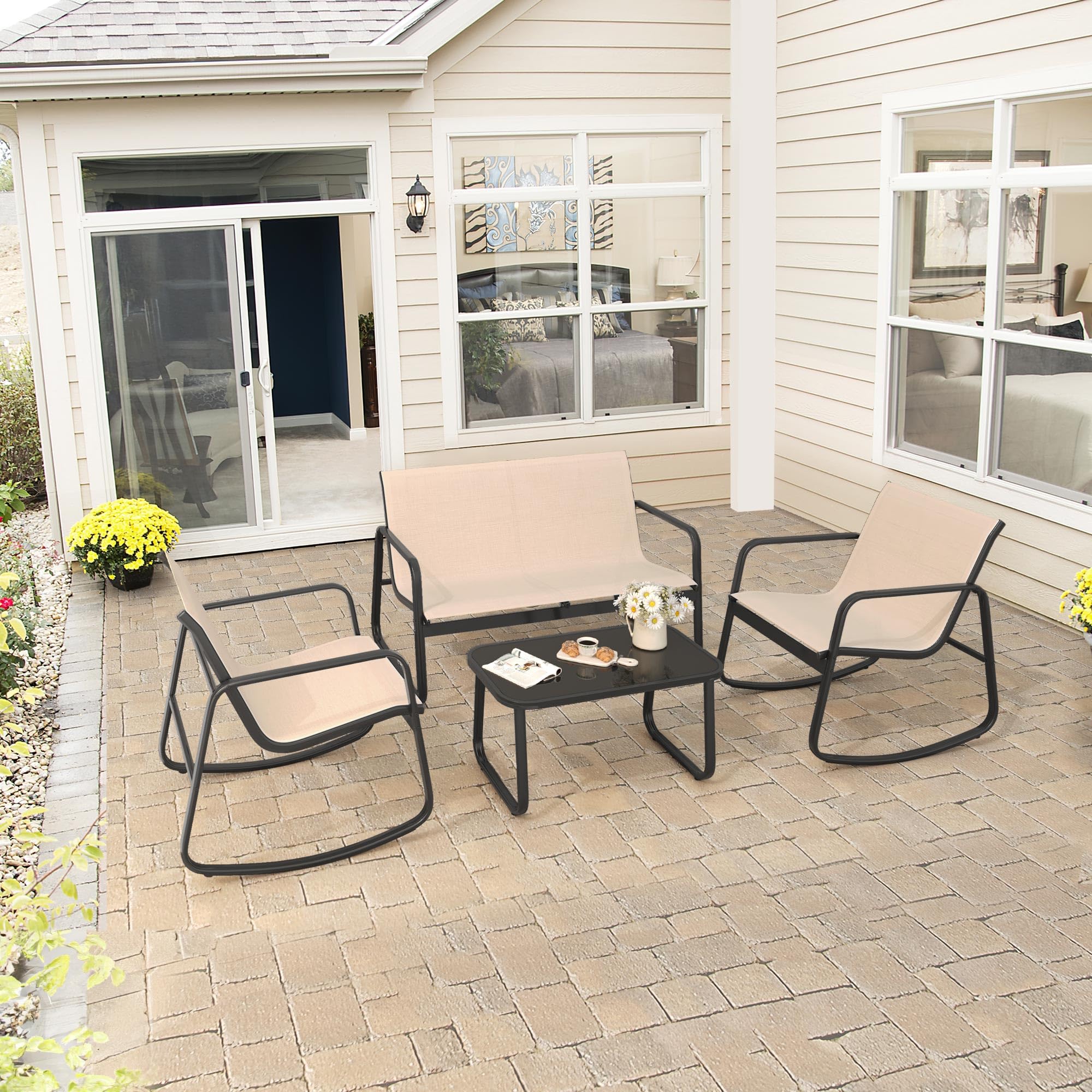 YITAHOME 4 Piece Patio Furniture Set, Small Backyard Bistro Rocking Chairs, Loveseat and Glass Table, Textilene Outdoor Conversation Set for Lawn, Garden, Balcony, Poolside (Brown)