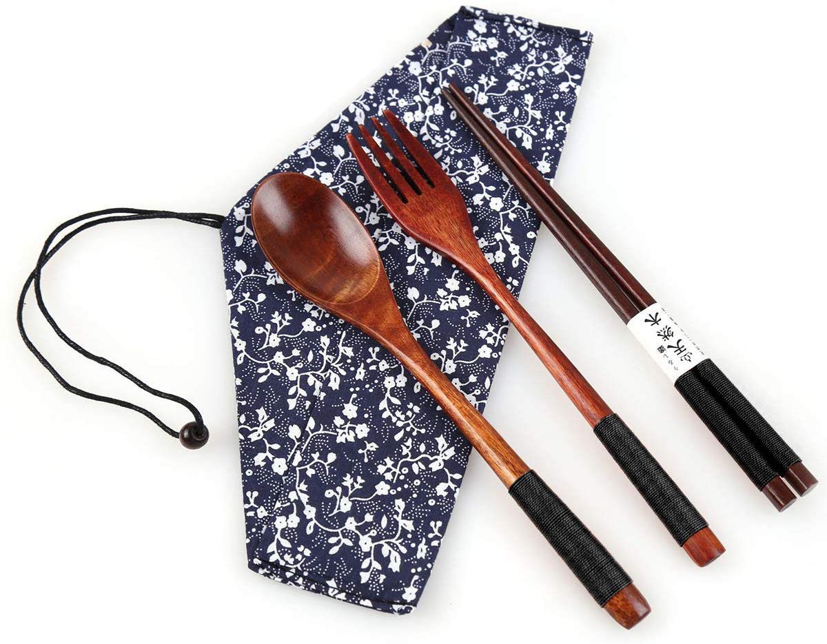 Wooden Cutlery Set Chopsticks Spoon Fork Set, Reusable 3pcs Travel Utensils Tableware for Home,Office,Outdoor Camping (Blue flower)