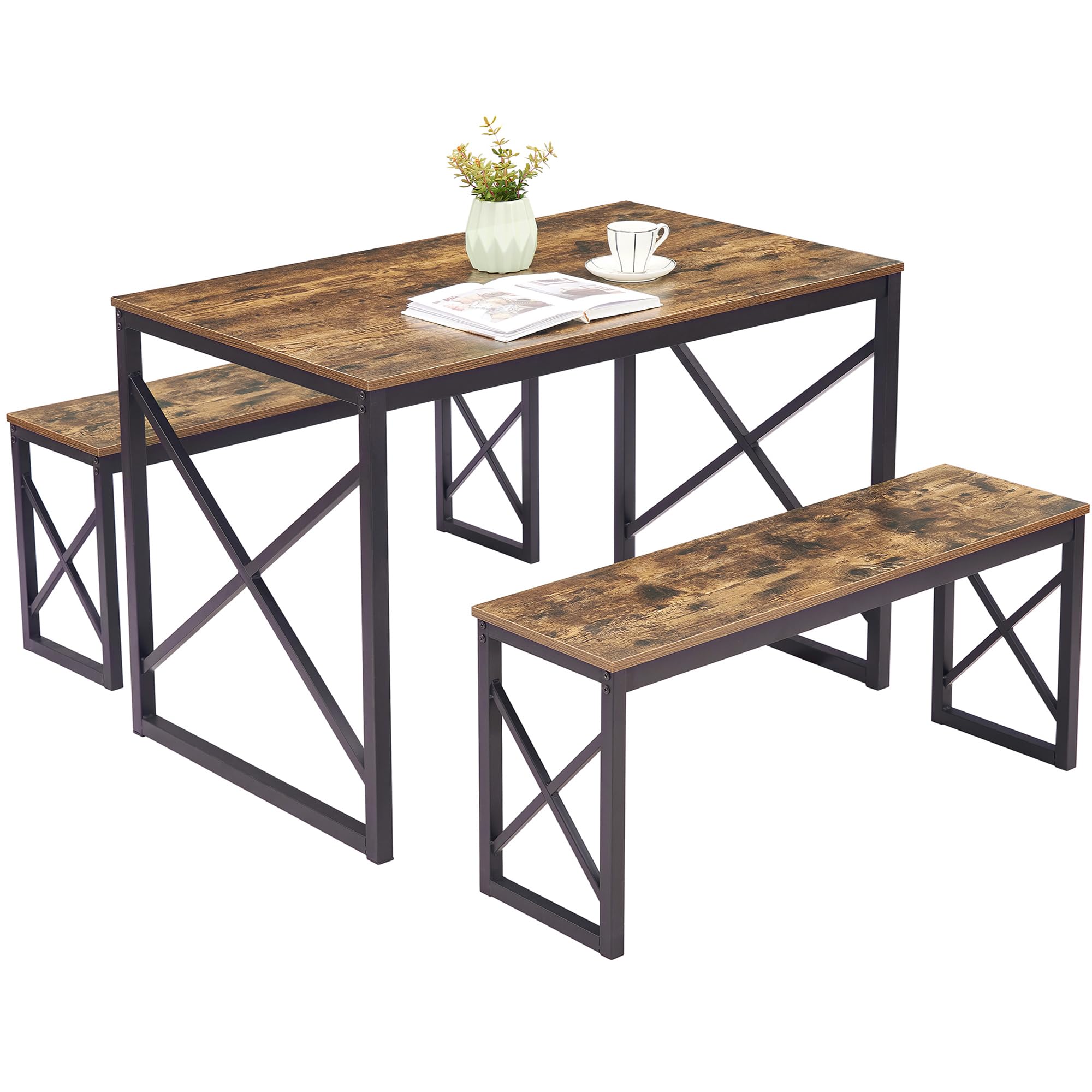 VECELO 43.3 Inch Dining Table Set for 4, Rectangle Dinner Breakfast Dinette with 2 Benches, Thickened Metal Frame & Board, for Kitchen, Living Room, and Small Space, 43.3", Rustic Brown