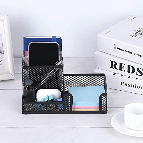 VIUJUH Desk Pencil Holders Desk Organizer Office Supplies Caddy with Sticky Notes Holder for Office School Home 3 Compartments Black