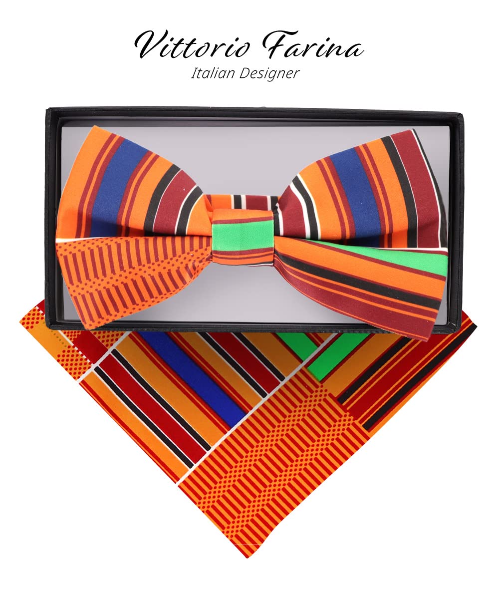 Vittorio Farina Premium African Kente Pre-Tied Bow Ties & Pocket Square Set for Men (Kente #1)