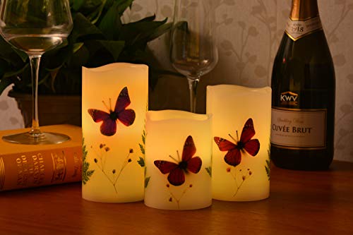 UNIVELA Candles Set of 3 Flameless 4" 5" 6" Unscented Tealight Butterfly Flower Plants Decor Real Wax Pillar Candle LED Lights 12 Color Changing 4H 8H Timer Remote Control AAA Batteries Operated