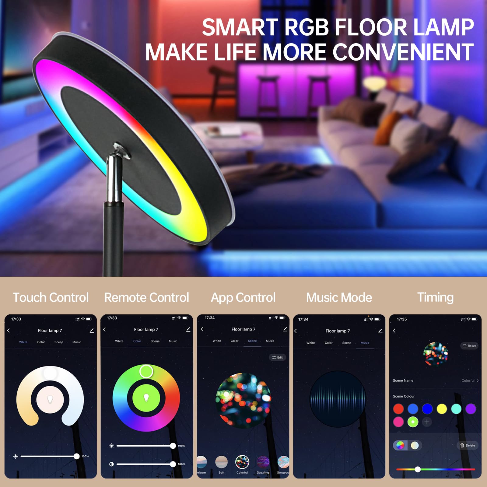YOPSTAR Double-Sided LED Floor Lamp, Dimmable Bright Modern Tall Standing RGB Lamp, 4 Color Temperatures Torchiere Sky Lamp with Remote Smart App & Touch Control for Living Room, Bedroom, Office
