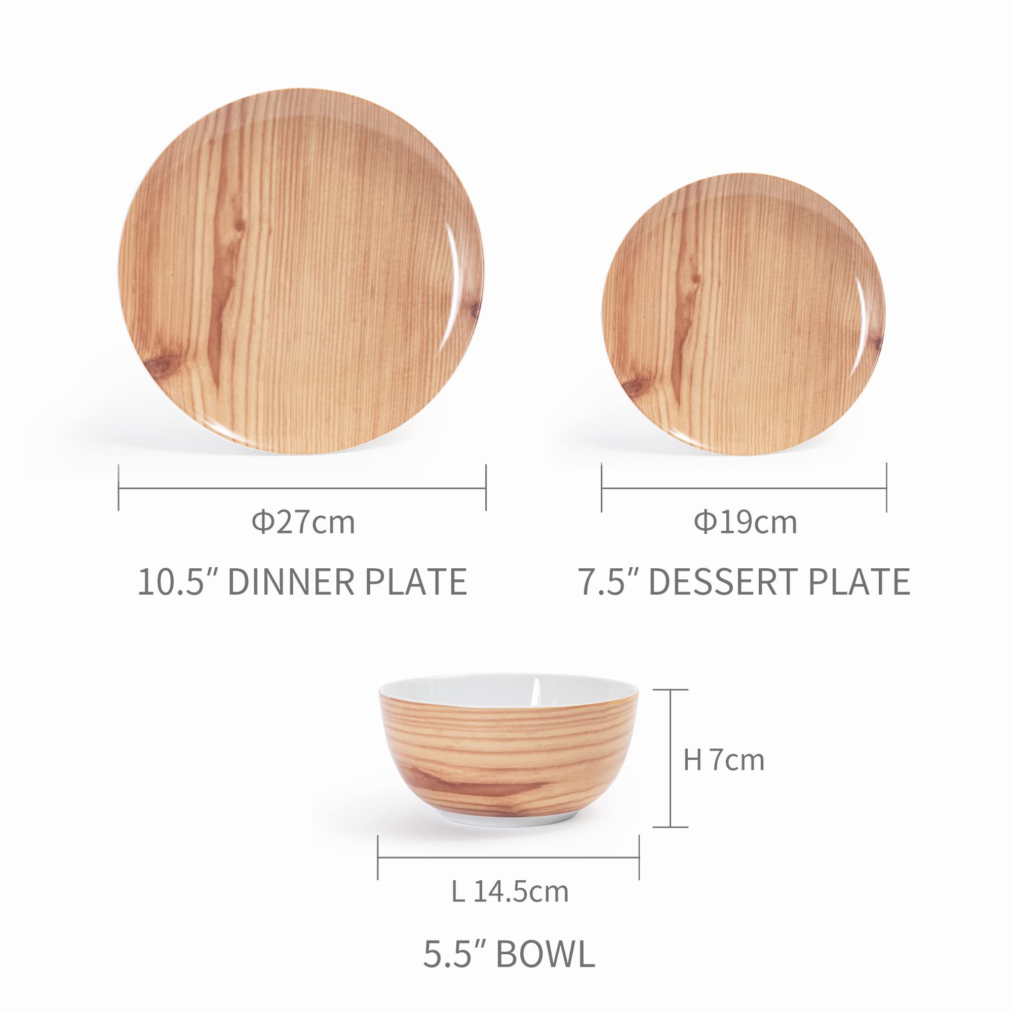 Wooden Pattern Porcelain Dinnerware Sets for 6, Ceramic Plates and Bowls, HF hoften Kitchen Dinnerware Set, 18pc Porcelain Dinnerware Set, Dishwasher, Microwave Safe