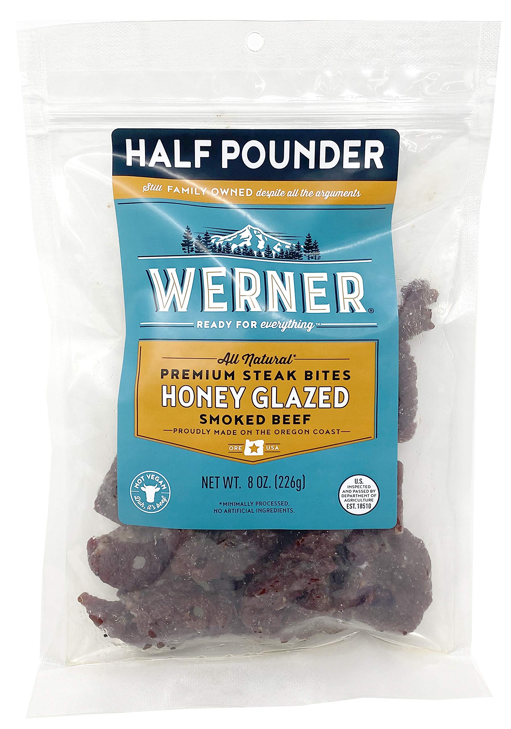 Werner Premium Steak Bites All-Natural Half Pounder Bag – 8 Ounce Resealable Bag of Premium Steak Jerky Bites Smoked Beef Snack (Honey Glazed)