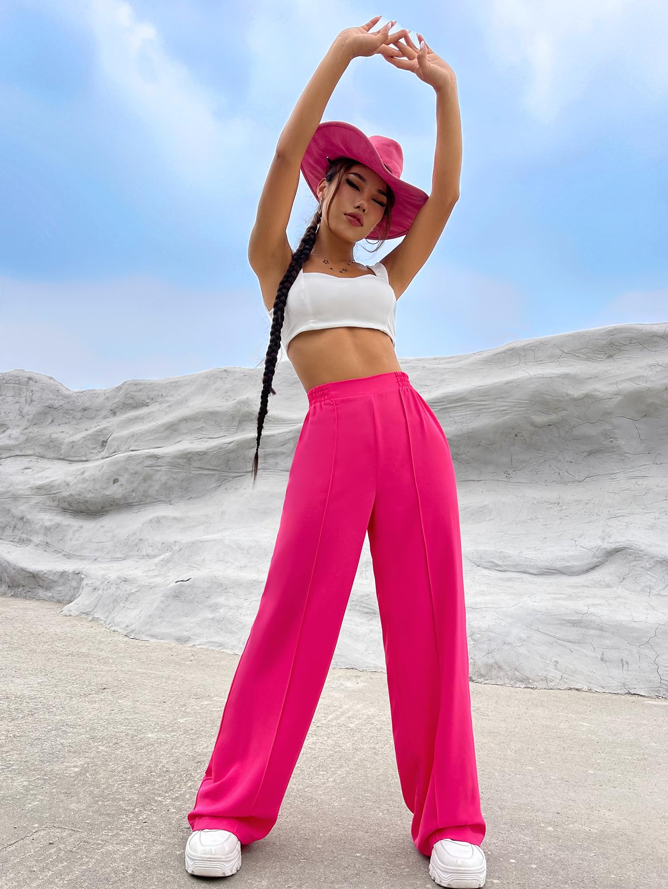 Verdusa Women's Elastic High Waist Solid Straight Leg Pants Casual Long Trousers Hot Pink M