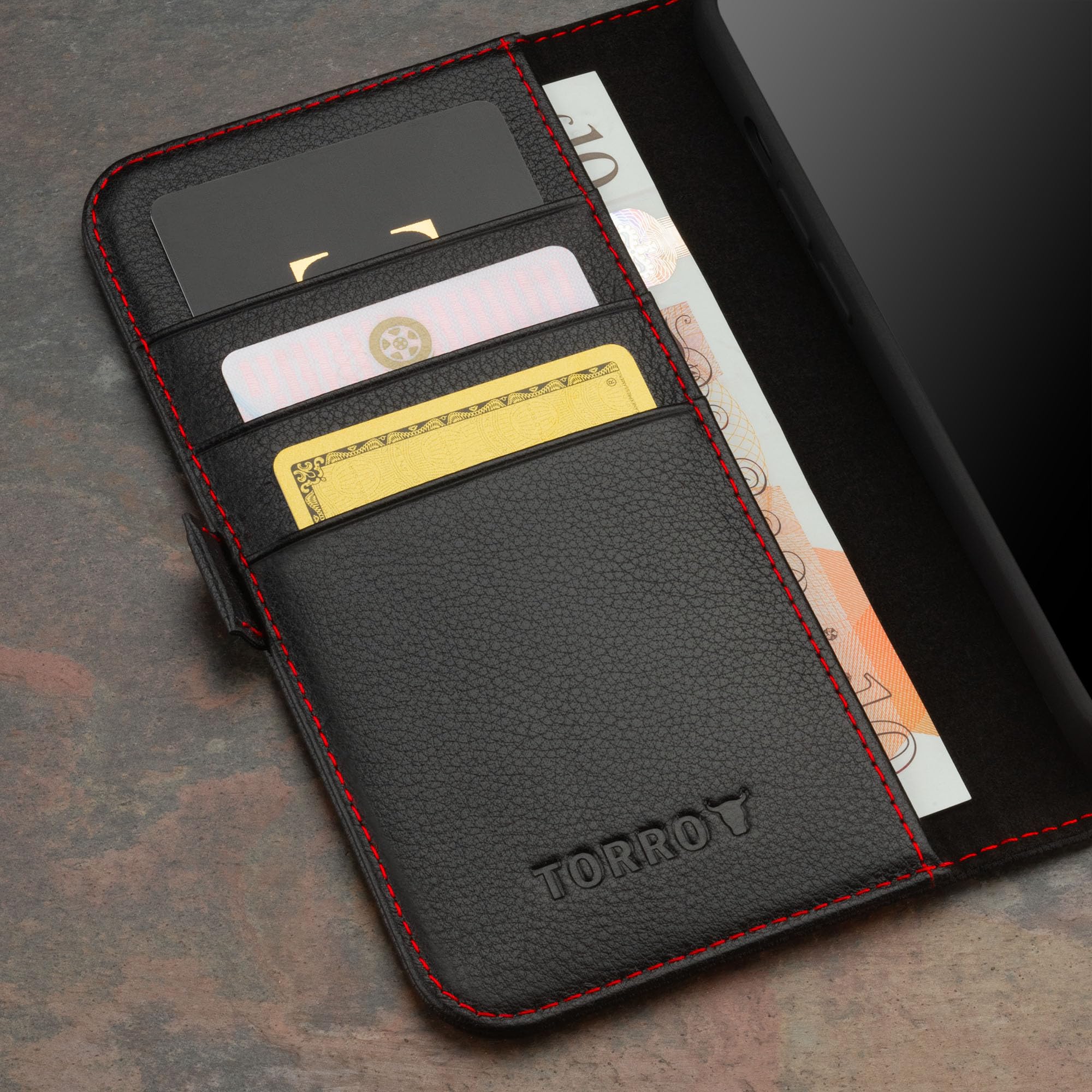 TORRO Premium Leather Case Compatible with iPhone 15 Pro 6.1" β Genuine Leather Wallet Flip Folio Case with Kickstand and Card Slots (Compatible with Official MagSafe Chargers) - Black