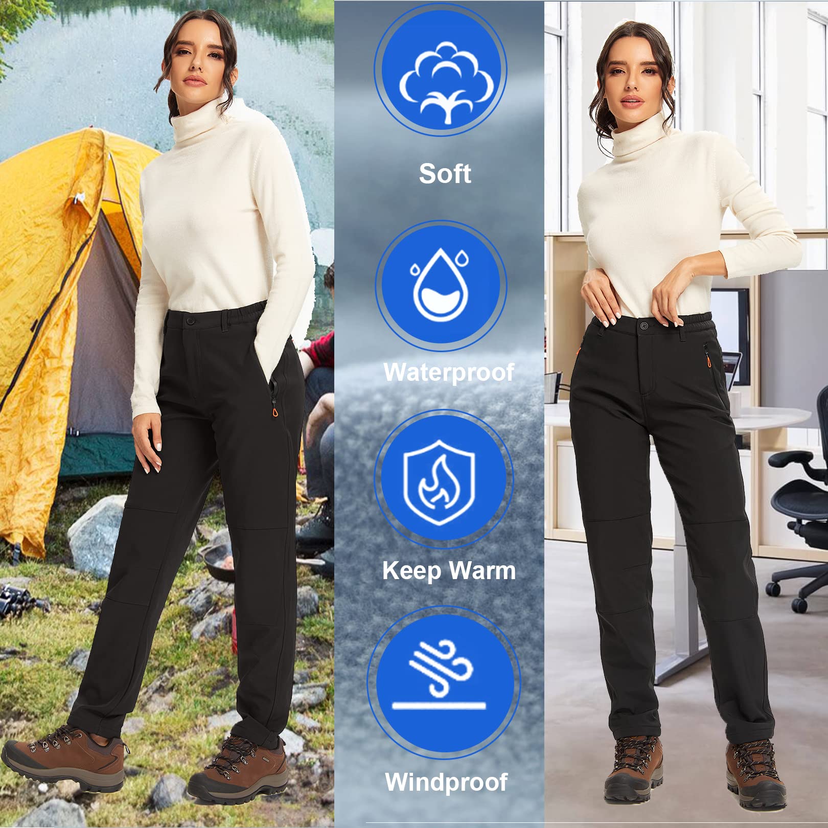 Women's Snow pants Hiking ski Waterproof Fleece Lined Outdoor Cargo Pants Softshell Winter Warm Pants with Zipper Pockets,209,Black,16
