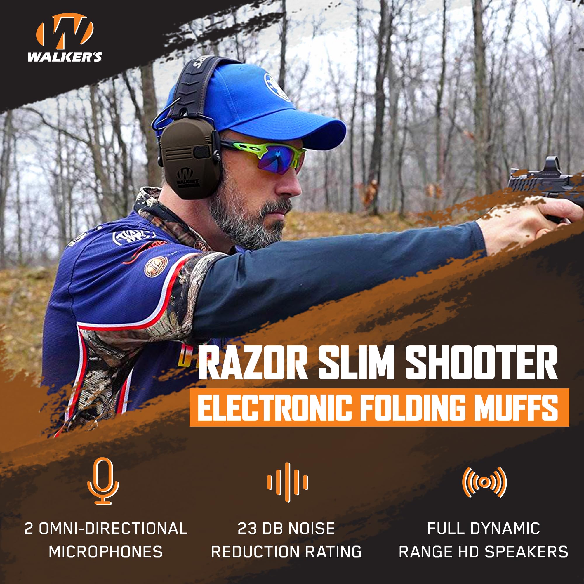 Walker's Razor Slim Shooter Electronic Hunting Folding Hearing Protection Earmuffs with 23dB Noise Reduction and Sound Amplification, (2 Pack)