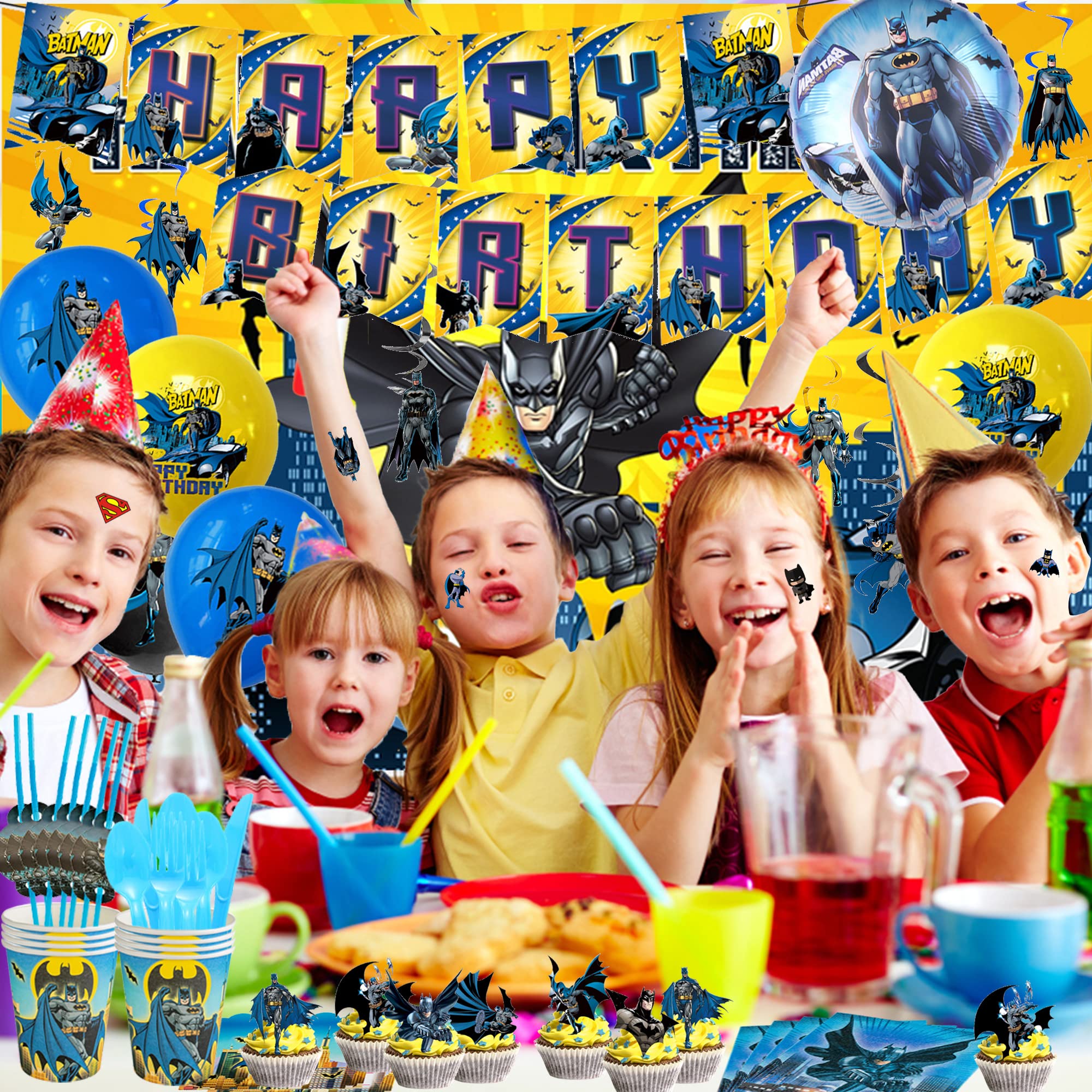 Superhero birthday party supplies, 192 Pcs Party Decorations Set Include Happy Birthday Banner, Sticker, Tableware, Plates, Table Cover, Swirls, Balloons