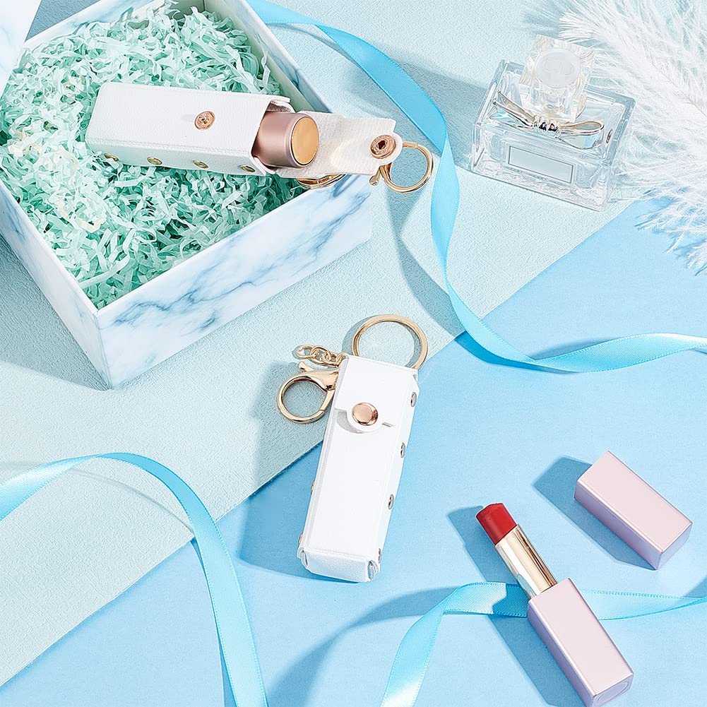 WADORN 2pcs Chapstick Keychain Holder, 6 Inch PU Leather Lipstick Organizer Holder with Keychain Mini Lip Gloss Travel Storage Case Portable Snap-On Lip Balm Sleeves for Women Gift,White