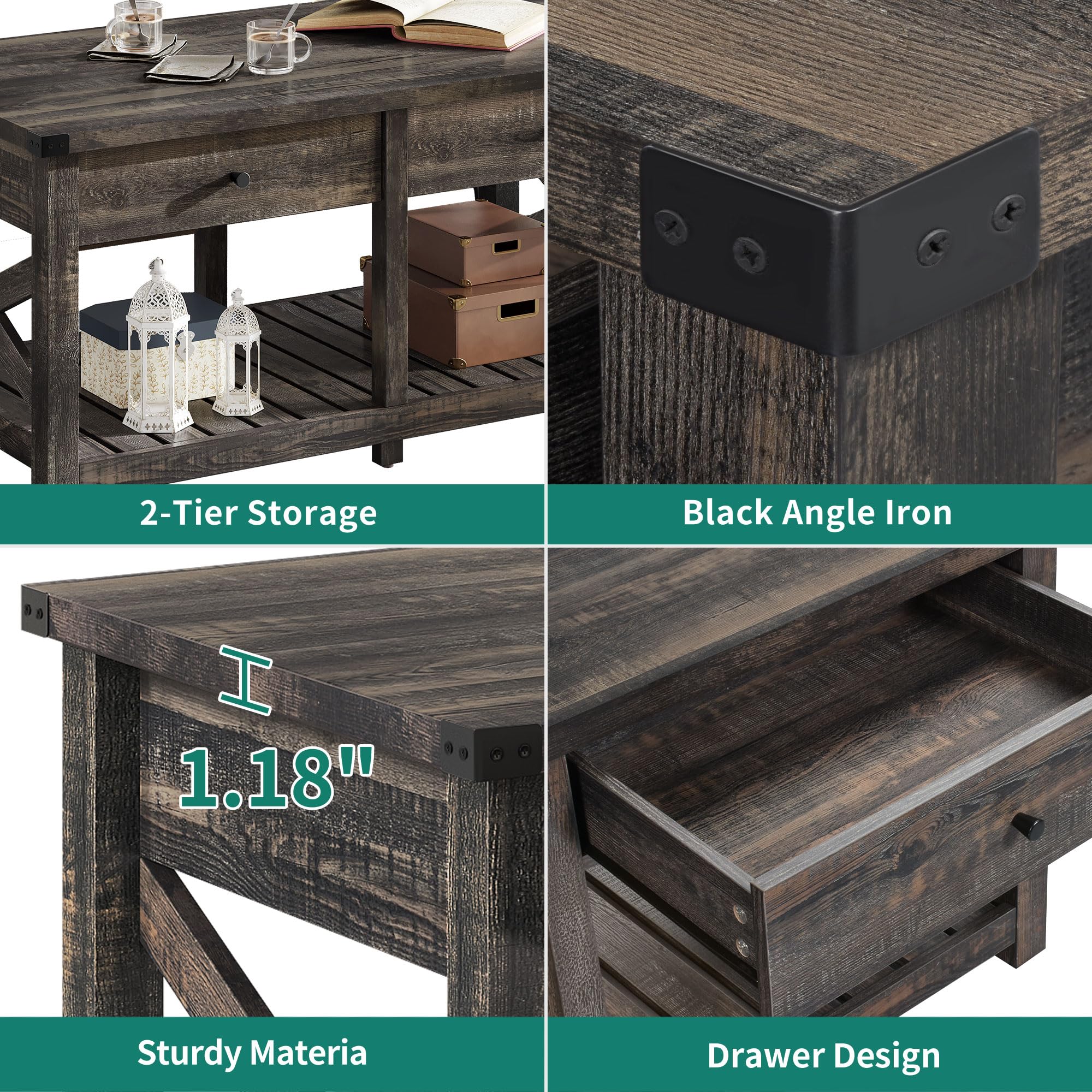 YITAHOME Coffee Tables for Living Room,Farmhouse Coffee Table with Storage,Wood Rustic Cocktail Table with 2 Cabinets,Industrial Center Table with Sturdy Shelf,Dark Rustic Oak