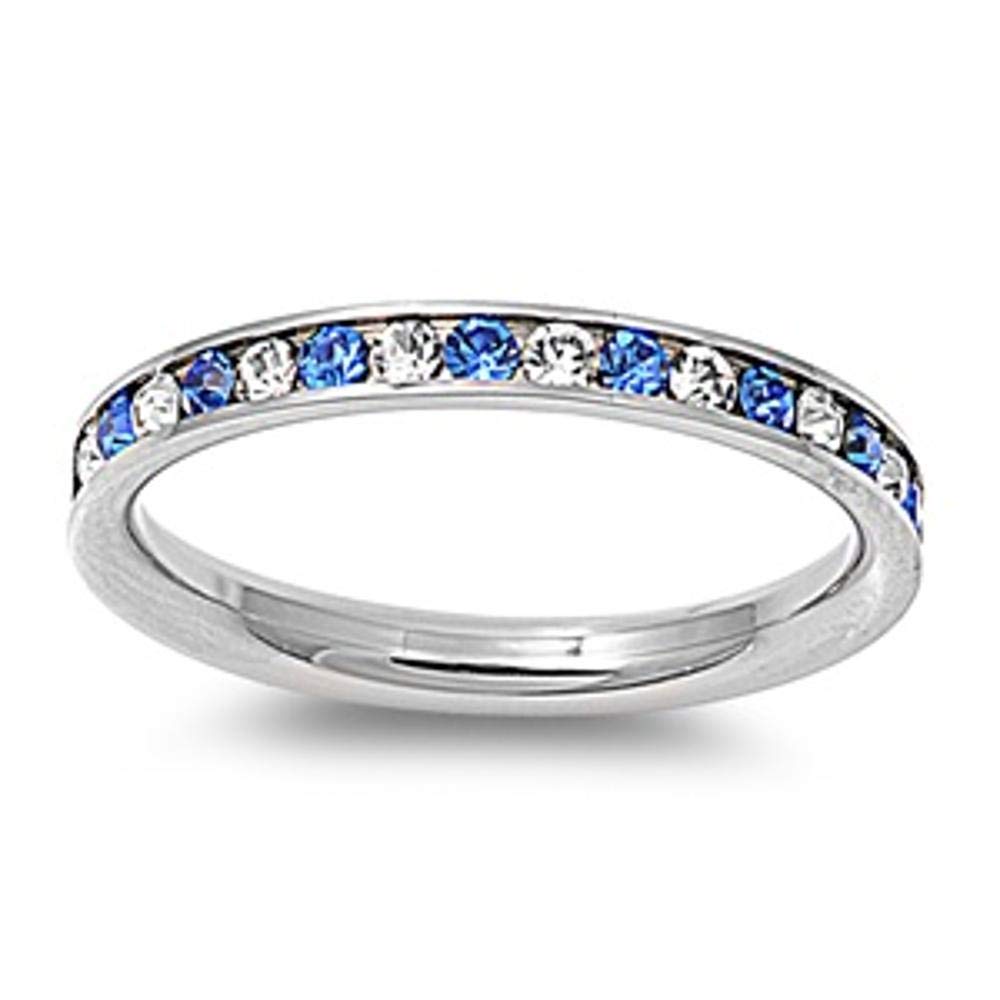 Women's White CZ Blue Simulated Sapphire Eternity Ring Stainless Band 3mm Size 3