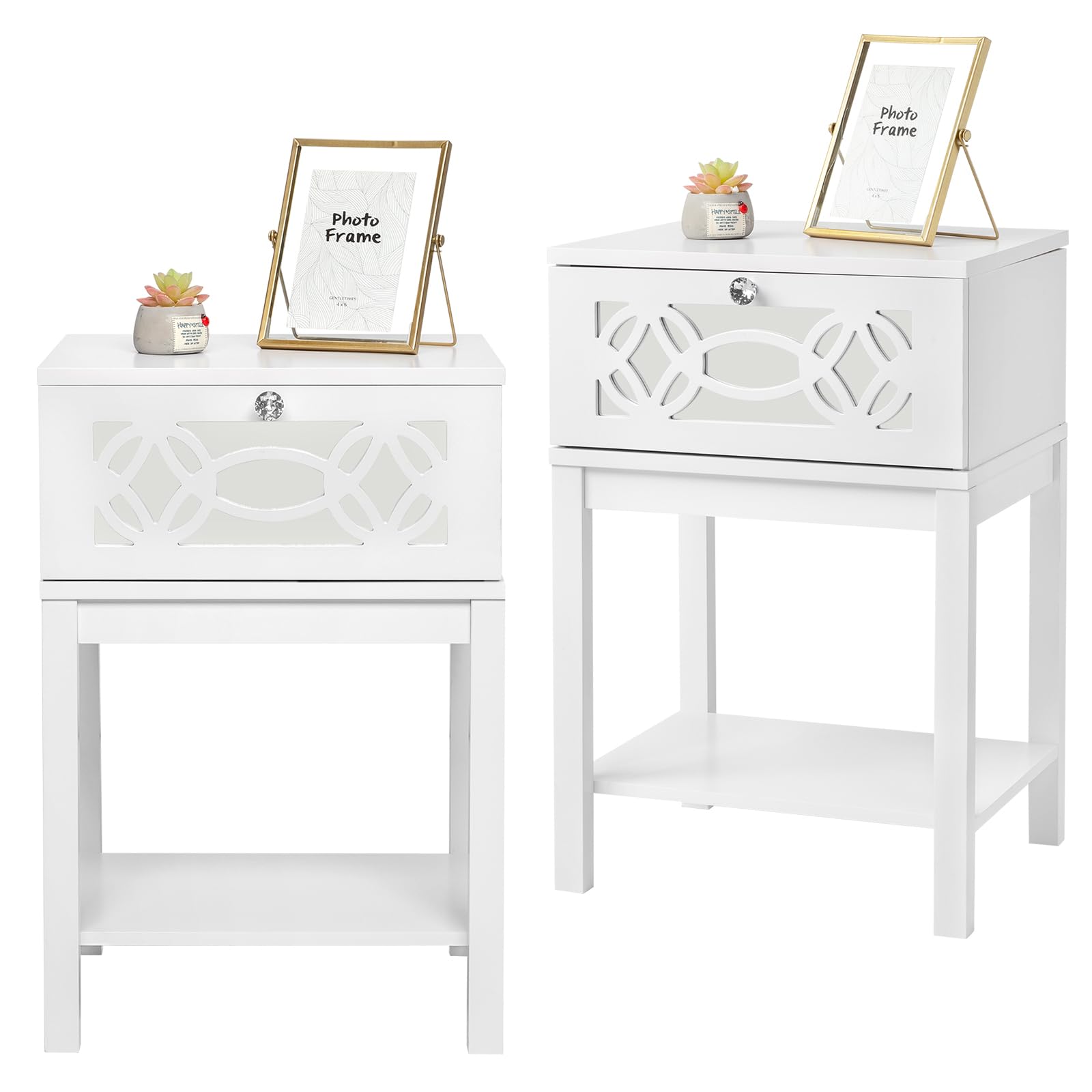 White Nightstand Set of 2, Modern Bedside Table with Mirror and Carved Design, End Table with Drawer and Open Storage Shelf, White Side Table for Bedroom, Living Room, Apartment, White