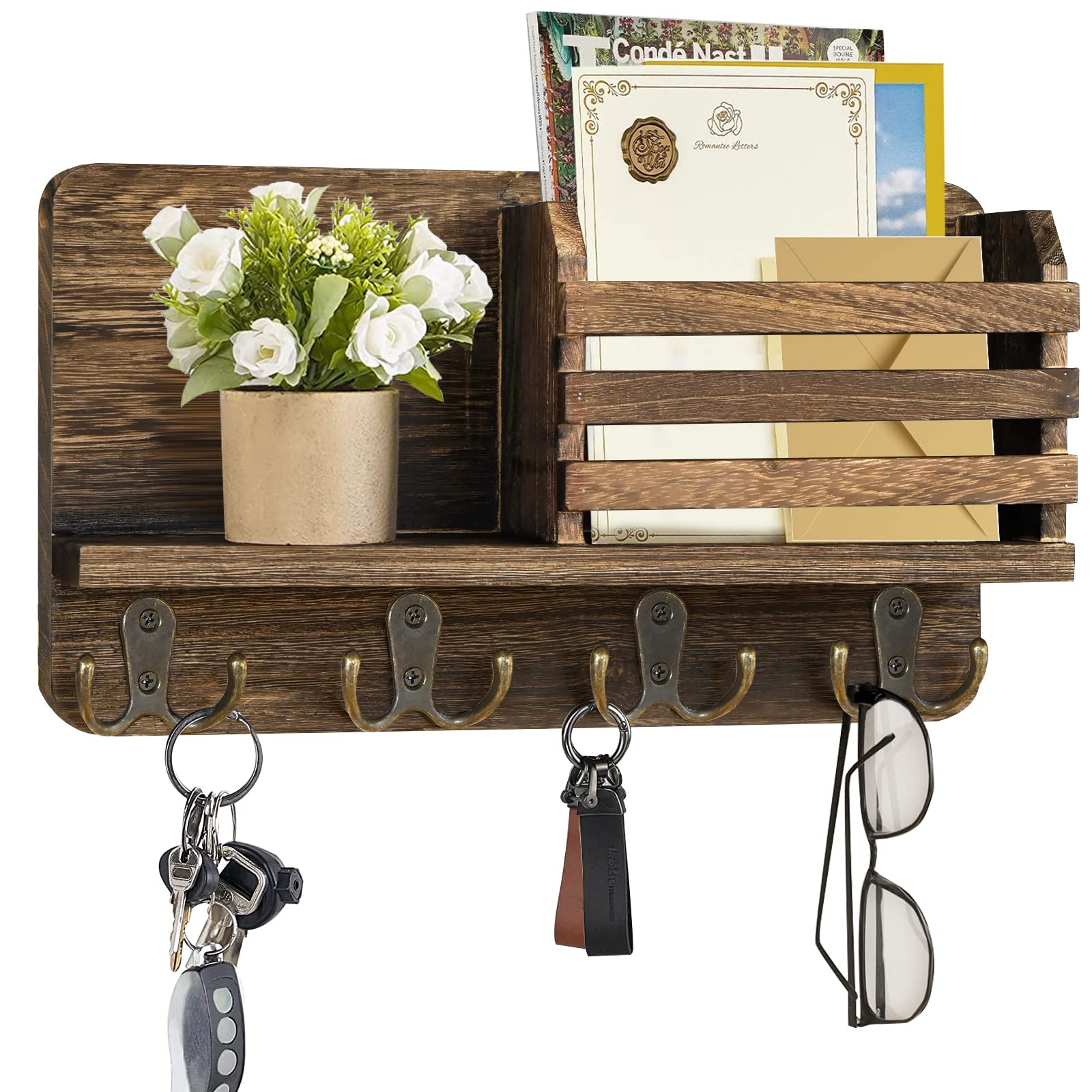 Y&ME YM Key Holder for Wall, Mail Organizer Wall Mount, Wood Key Rack Key Hooks for Wall, Mail Holder Wall Mount, Floating Shelf Rustic Home Decor for Entryway or Mudroom