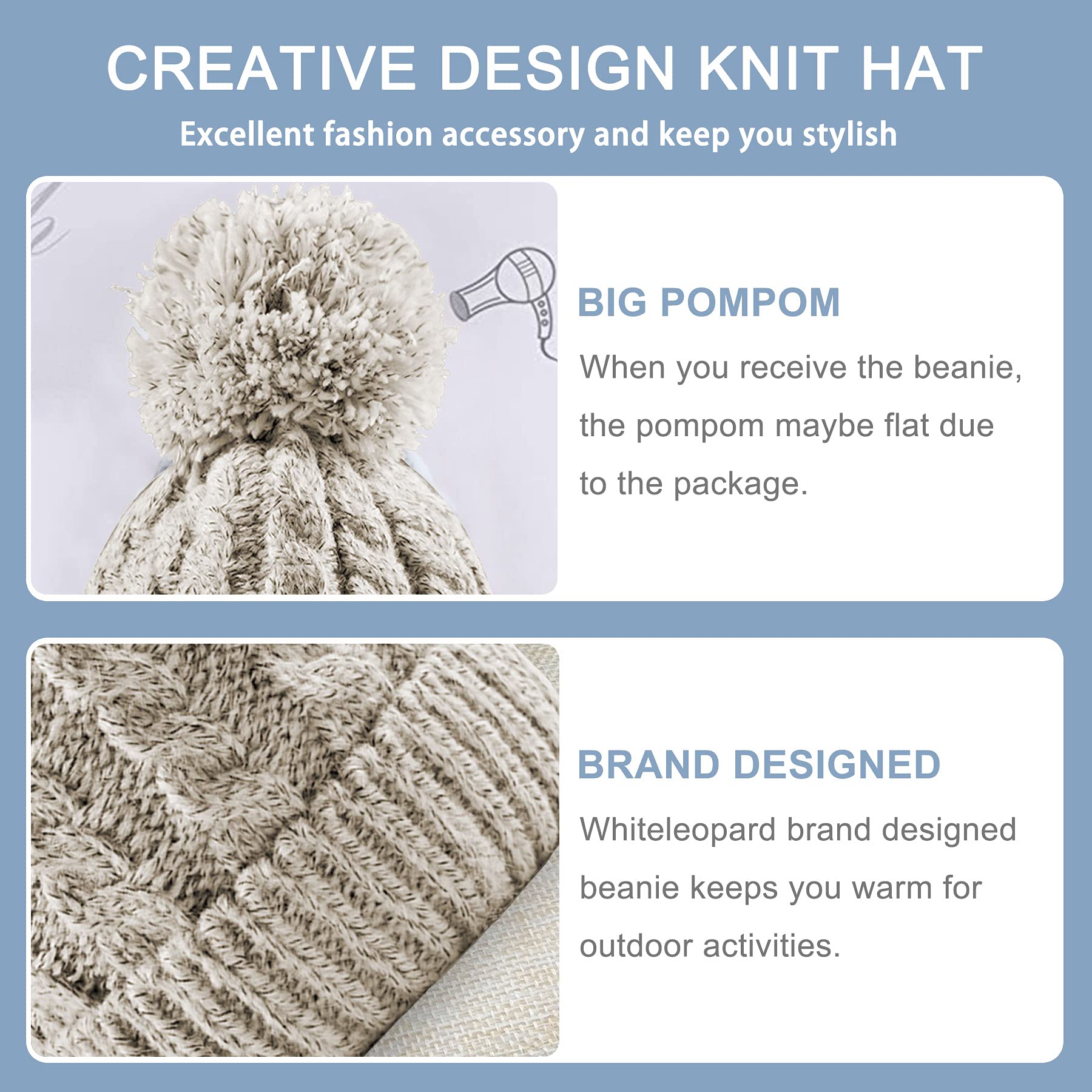 Women's Winter Beanie Warm Fleece Lining - Thick Slouchy Cable Knit Skull Hat Ski Cap(Black)