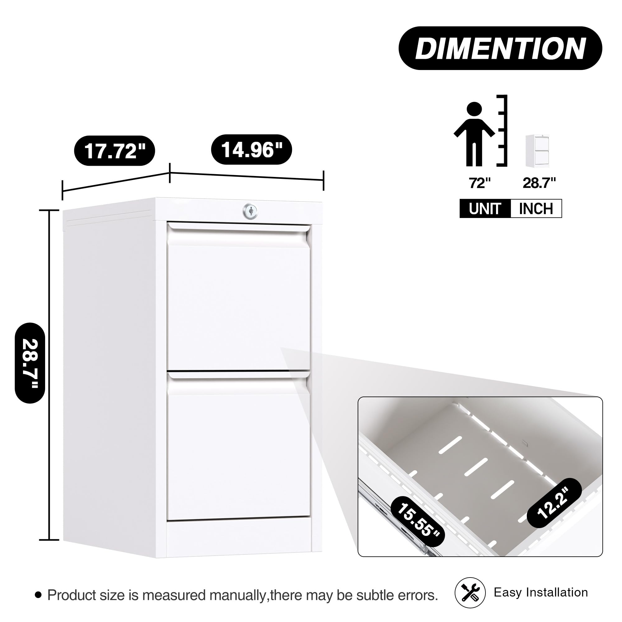 SUXXAN Metal Letter File Cabinets with Lock,2 Drawer Steel Deep Vertical File Cabinet for Legal Size, W14.96”x D17.72”x H28.7”, Assembly Required(White, 2 Drawer)