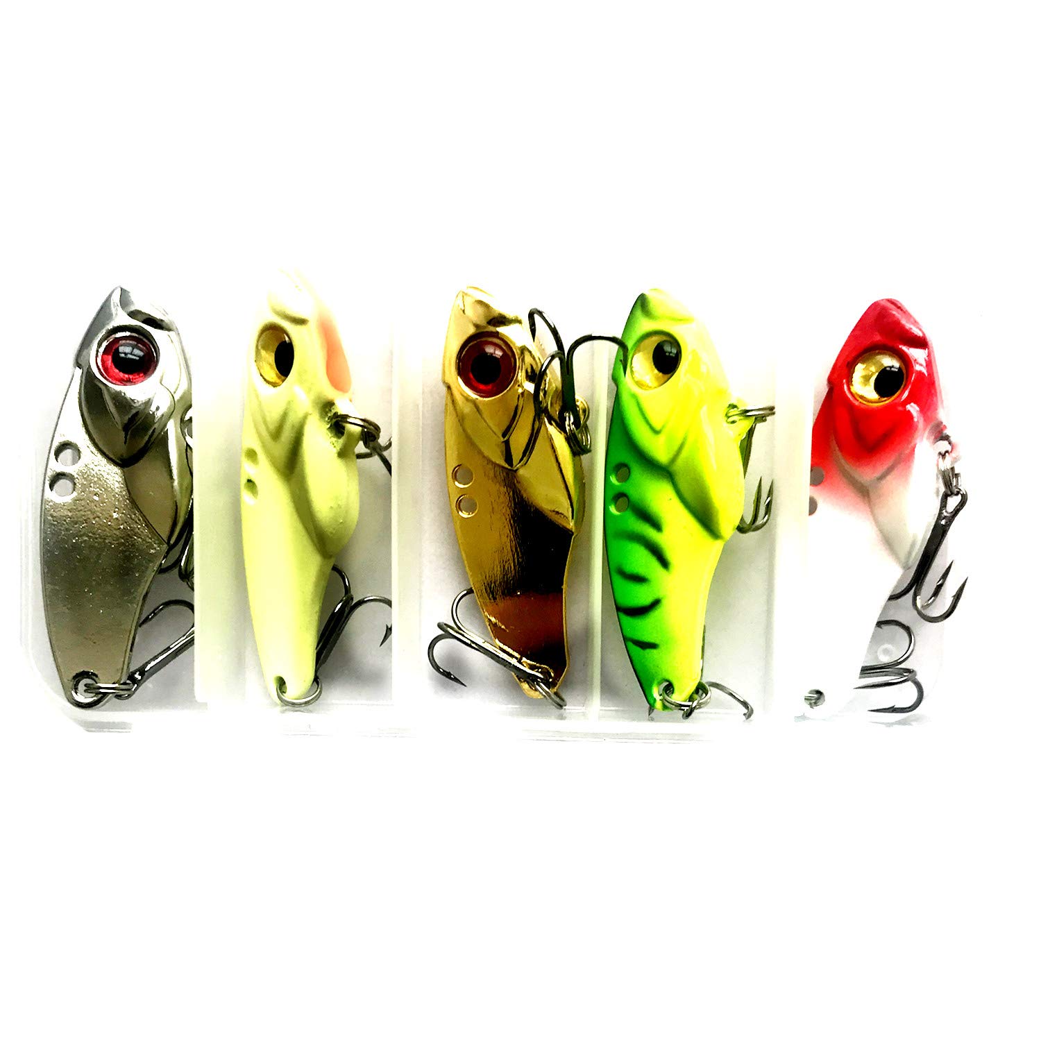 YTTDA Fishing Lures Set with Box Spinner Baits, 5 Packs Lure Baits, Trout Lures, Metal Spinner Baits Kit with 3D Eyes Design to Create Life-Like Swimming Actions (5pcs 10g Set)