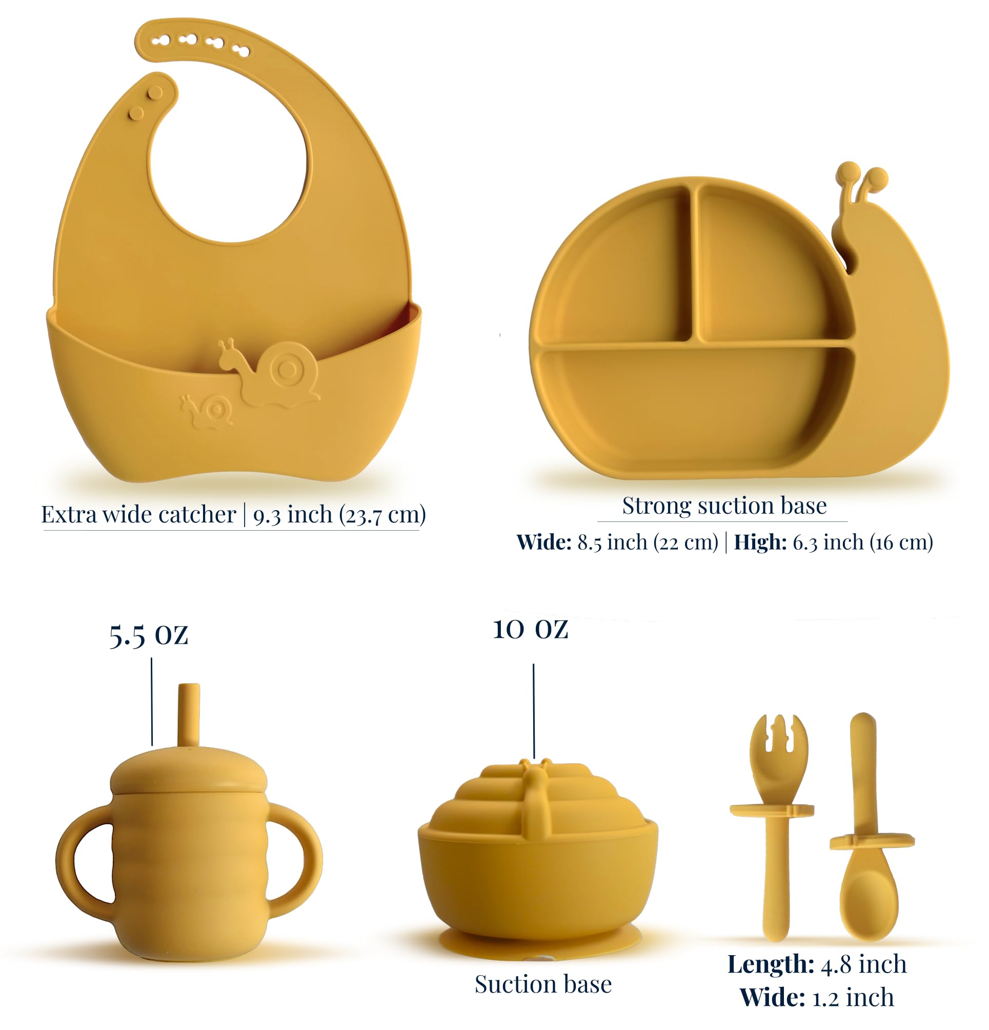 Tumtots - Premium Quality Silicone Baby Feeding Set & Baby Led Weaning Supplies Attractive Self Feeding Design with Strong Suction Plate & Suction Bowl, Stylish Bib, Sippy Cup, Spoon & Fork Utensils