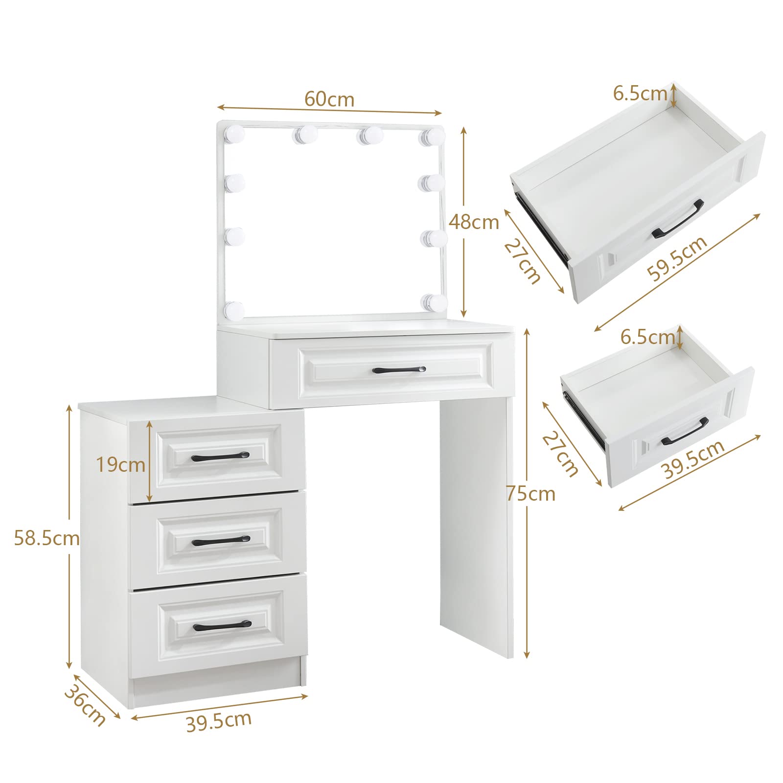 White Vanity Set with 10 LED Lights, Makeup Dressing Table with Light and Mirror, Dresser with 4 Drawers, Storage Shelves, Modern Vanity for Bedroom