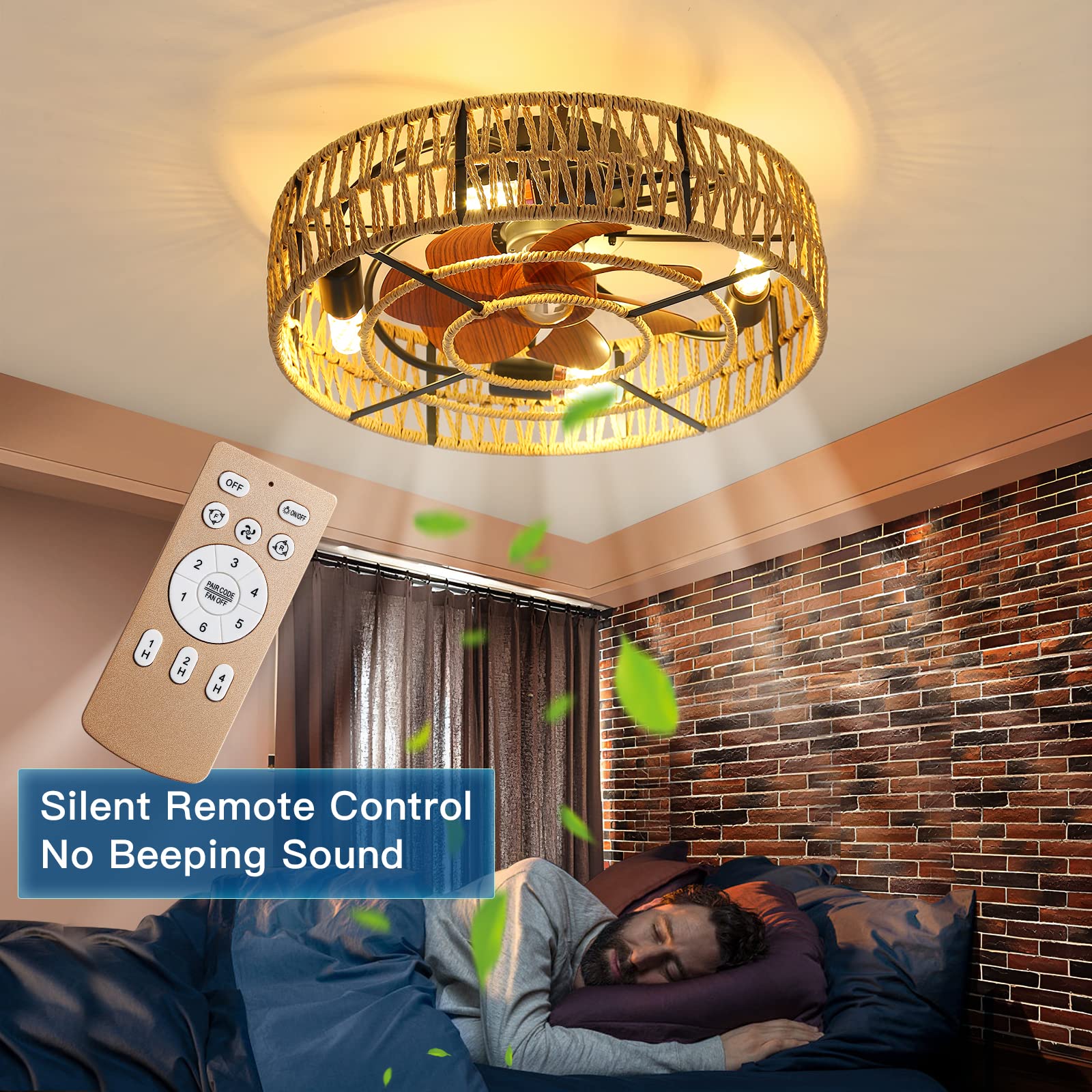 suopnpop Ceiling Fans with Lights and Remote,20 inches rattan Low Profile Farmhouse Flush Mount Ceiling Fan with Light,6 Speed Reversible Boho Caged Ceiling Fan with Light (Bulb Included)