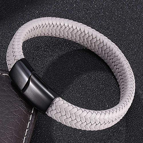 Xiausyang Simple style braided leather bracelet stainless steel inverted magnet buckle bracelet (Grey, 8)