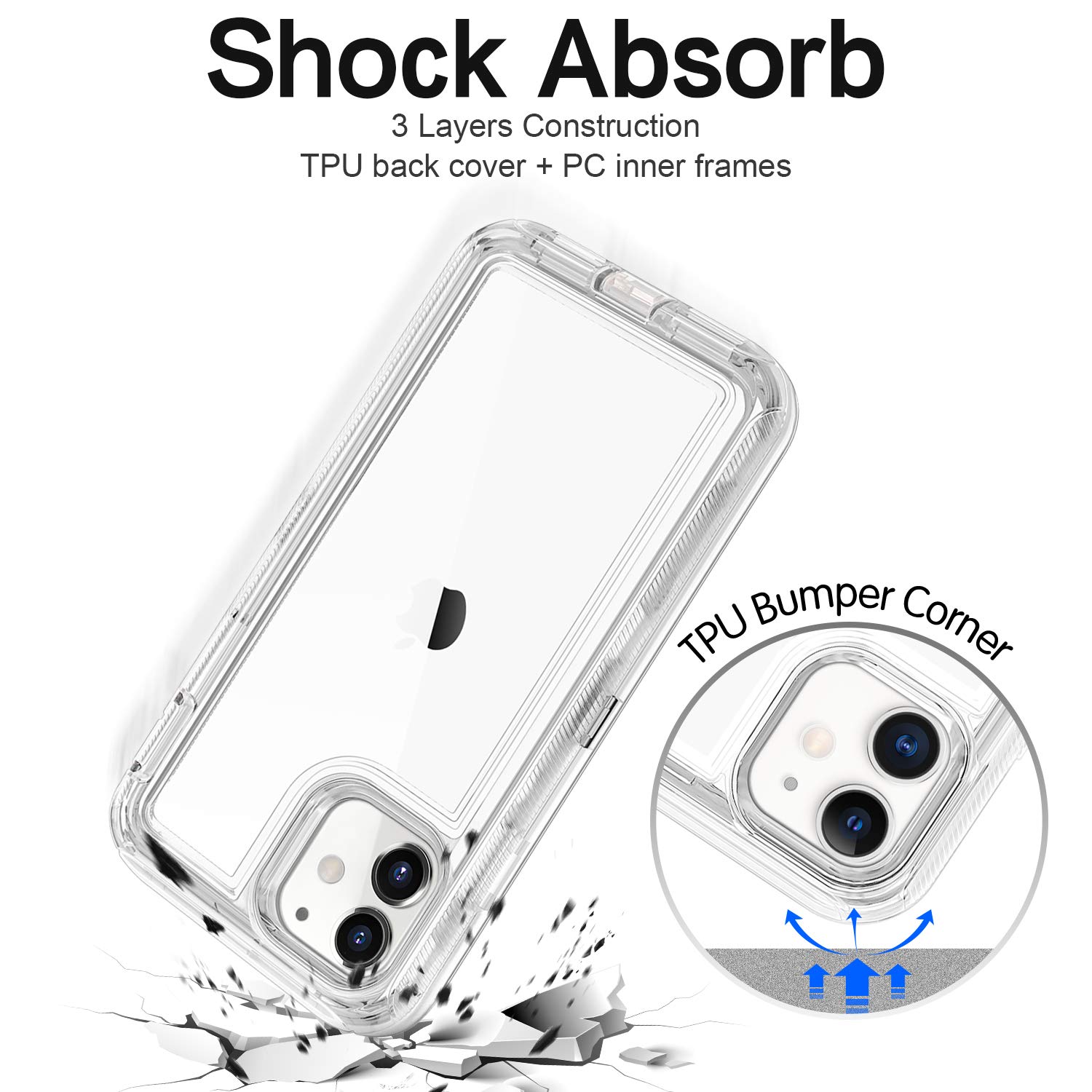 WESADN Case for iPhone 11 Clear Case Crystal Protective Cases for Women Men Heavy Duty Shockproof Hybrid Hard PC Bumper Drop Protection Soft TPU Cover for iPhone 11 6.1