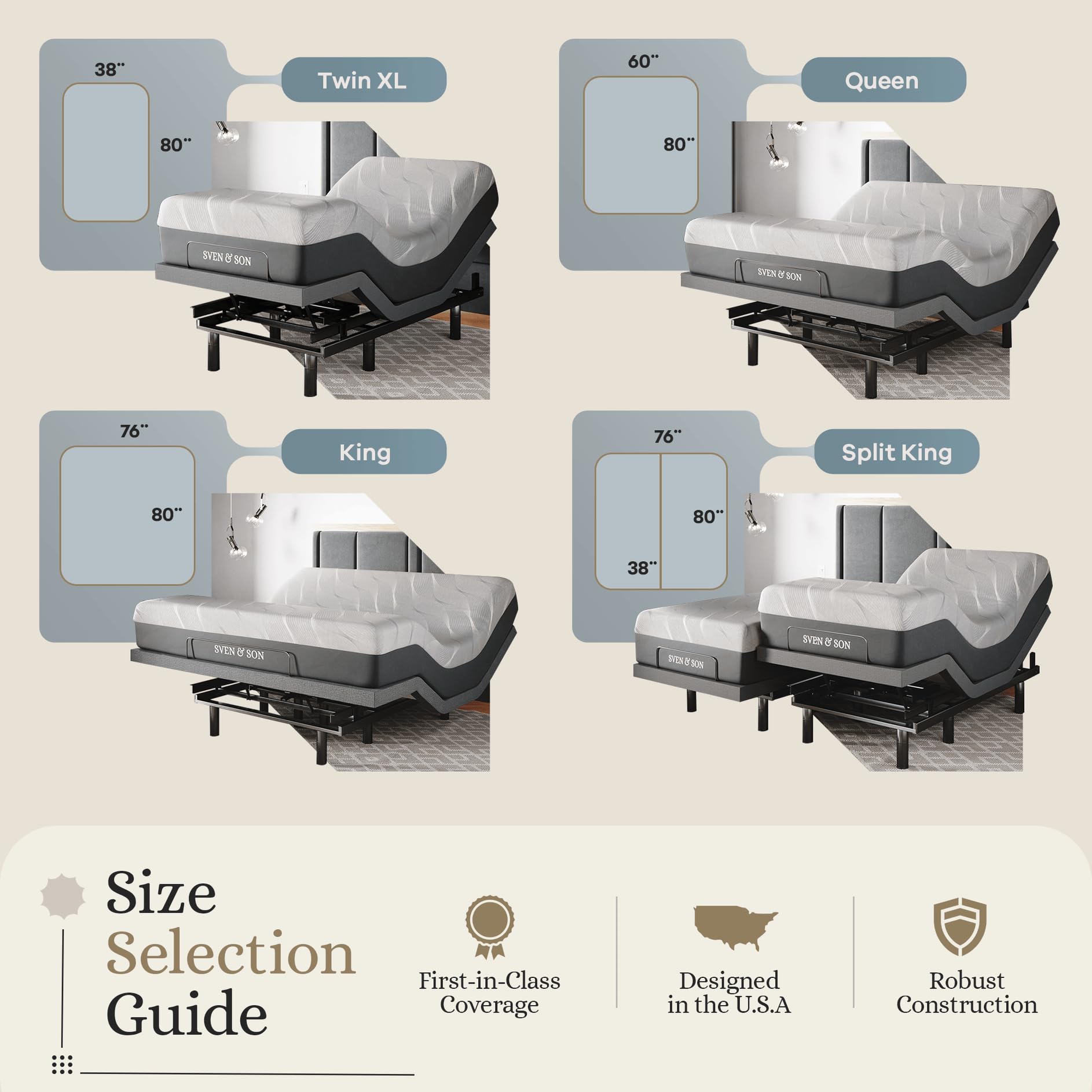 Sven & Son Classic Adjustable Bed Base Frame + 14 inch Hybrid Spring Matt Medium Soft, Head and Foot Lift, Massage, Under-Bed Lights, USB, Memory, Zero Gravity, Wireless Remote - Split King