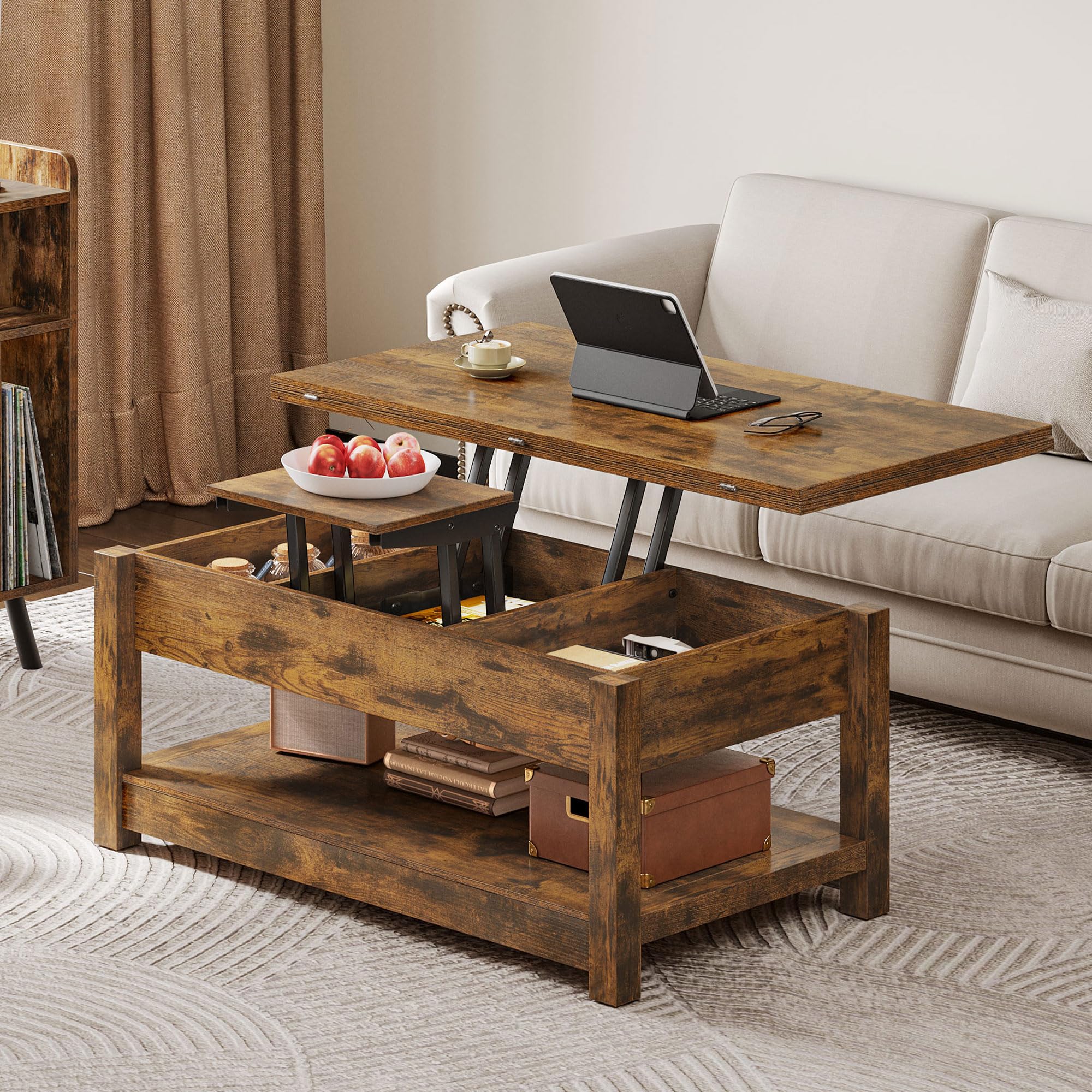 YITAHOME Lift Top Coffee Table, 3 in 1 Multi-Function Coffee Tables with Storage for Living Room, Farmhouse Modern Dining Table for Small Reception Room/Home Office,Rustic Brown