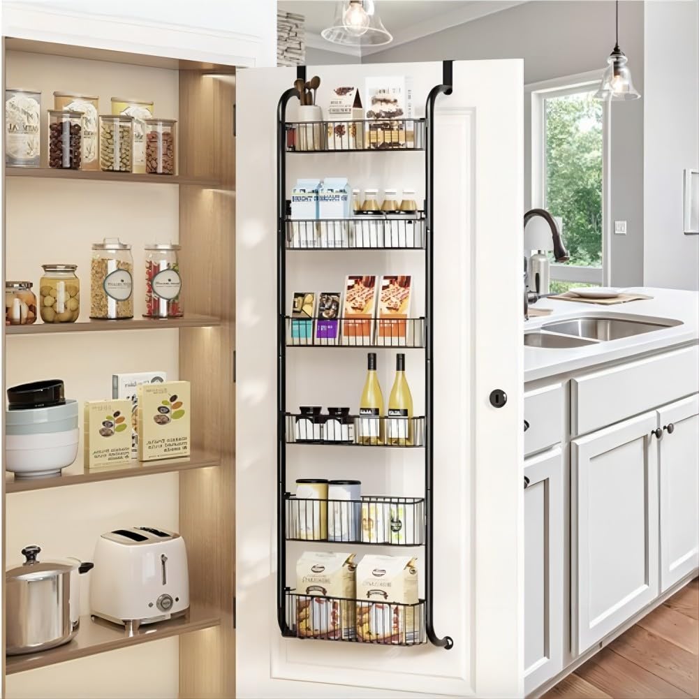 VIAV Over the Door Organizer 6-Tier, Pantry Door Organizers and Storage Heavy-Duty Metal Back of Closet Door Organizer Storage Shelves Organization for Kitchen, Bathroom and Kids RoomďźBlack)