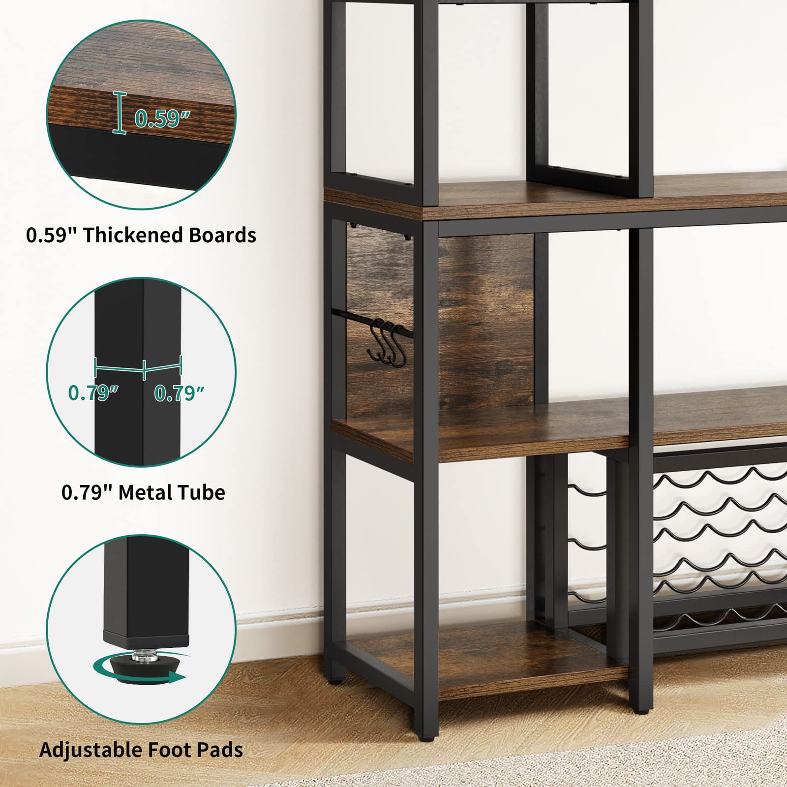 YITAHOME Kitchen Microwave Bakers Stand Wine Rack, Coffee Bar Storage for Liquor Glasses Power Outlet, Wine Rack Freestanding Floor Tall Farmhouse Shelf Dining Room Hutch 35 Inch Large, Rustic Brown