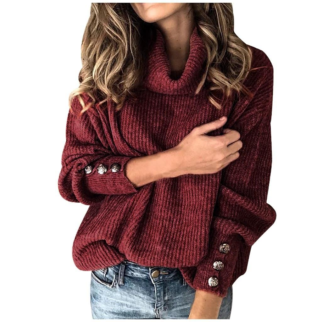 Sweaters for Women Casual,Shirts for Womens Winter Women’s Long Sleeves Knit Sweater Turtleneck Striped Print Loose Pullover Tops Deco with Metal Button