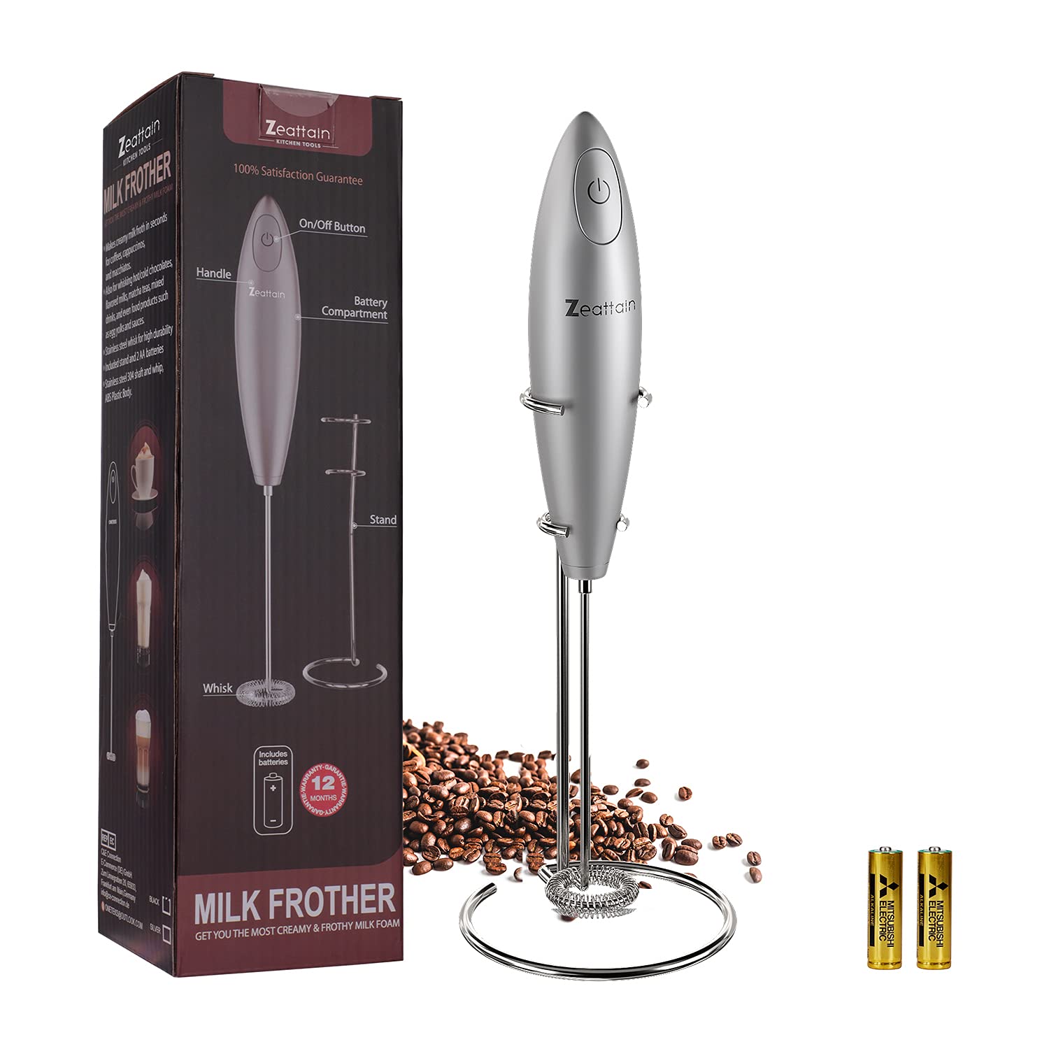 Zeattain Milk Frother Handheld Mixer, Battery Operated Electric Whisk Foam Maker for Cappuccino,Latte,Coffee,Matcha & More - Sliver