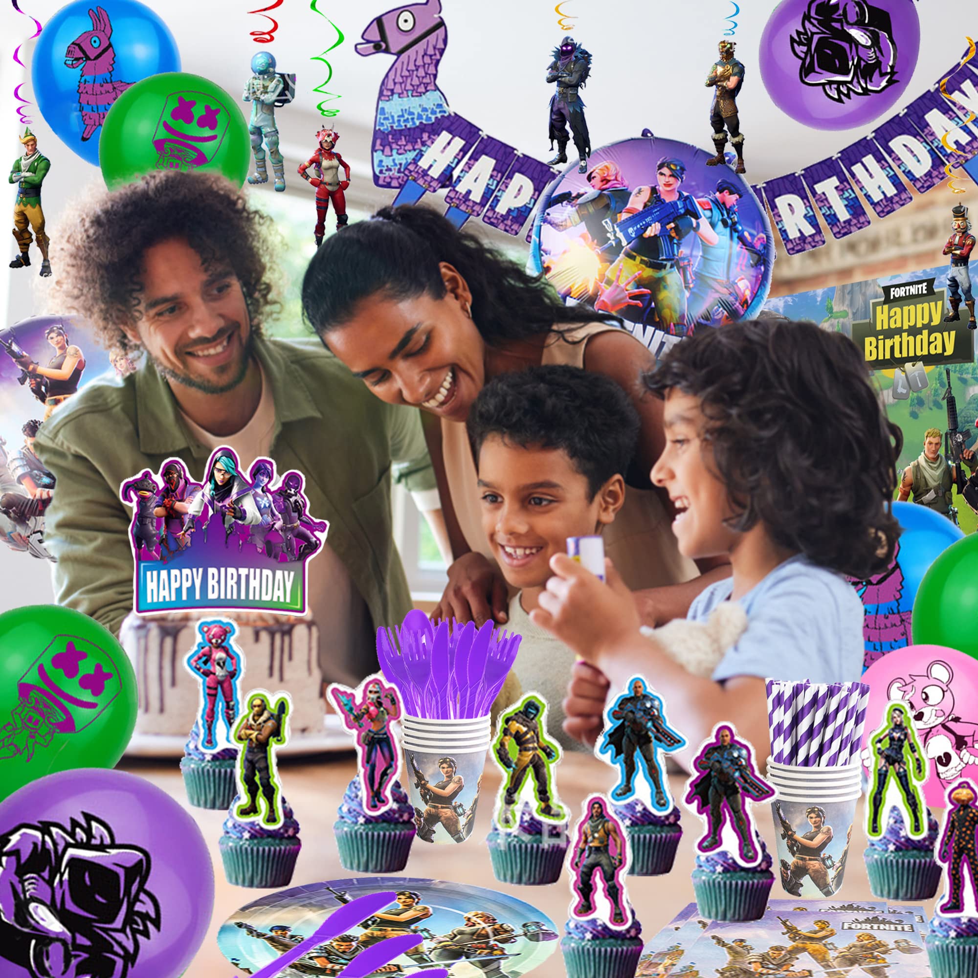 Video Game Party Supplie, 226 Pcs Birthday Decorations includes Happy Birthday Banner, Backdrop, Balloon, Cake Topper, Tableware, Napkins, Stickers